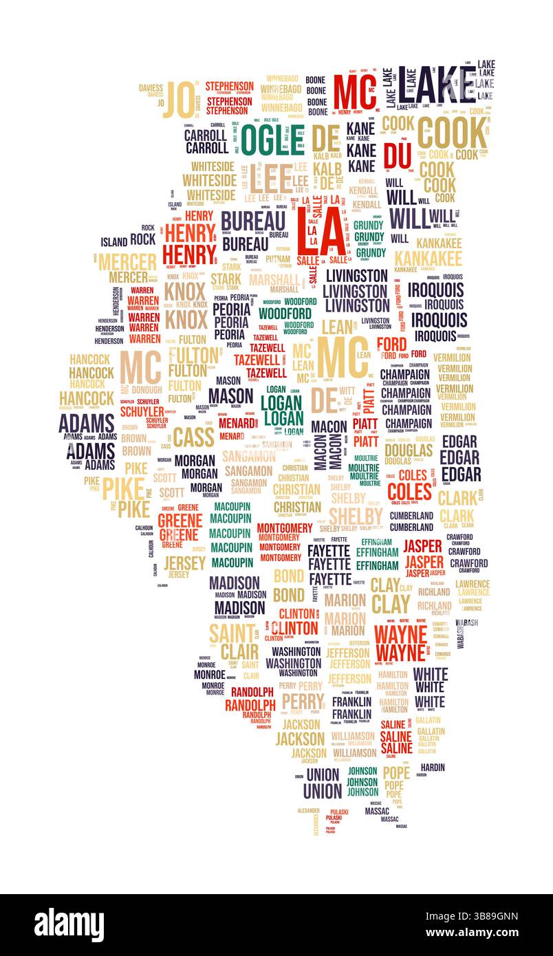 Illinois Word Cloud. State shape with county division. Illinois ...