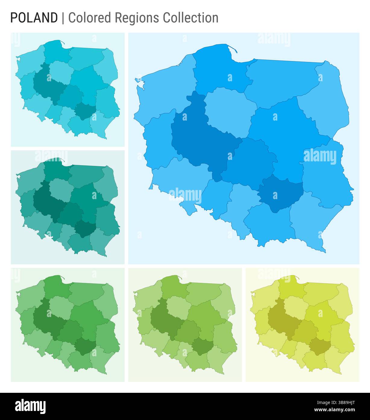 Poland map collection. Country shape with colored regions. Light Blue ...