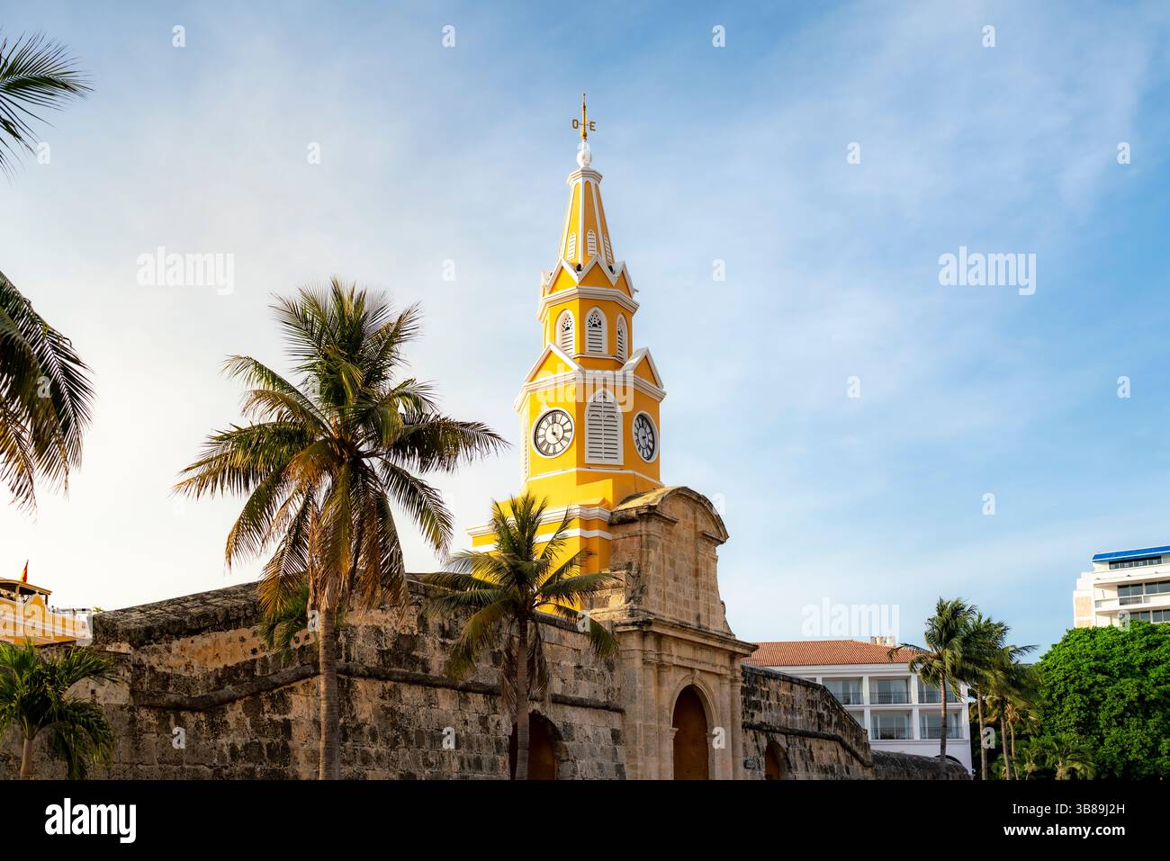 Famous yellow clock tower Torre del Reloj stands tall in Cartagena ...