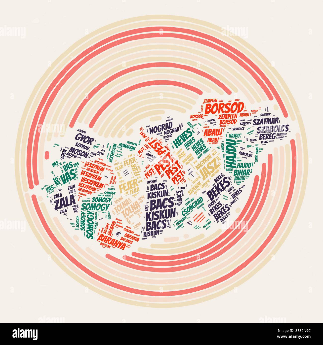 Hungary Round Poster. Typography style image of the country. Regions ...