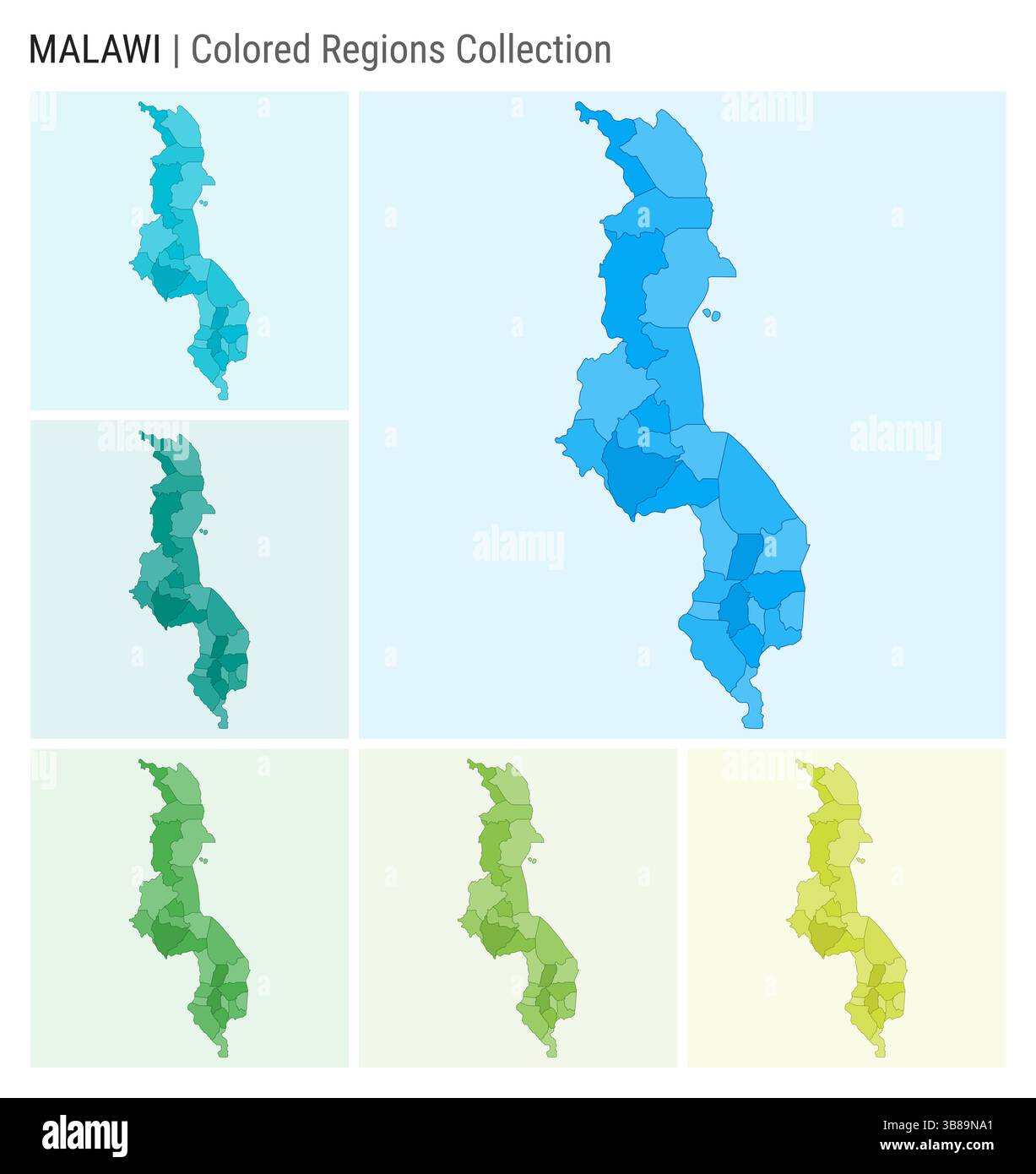 Malawi map collection. Country shape with colored regions. Light blue ...