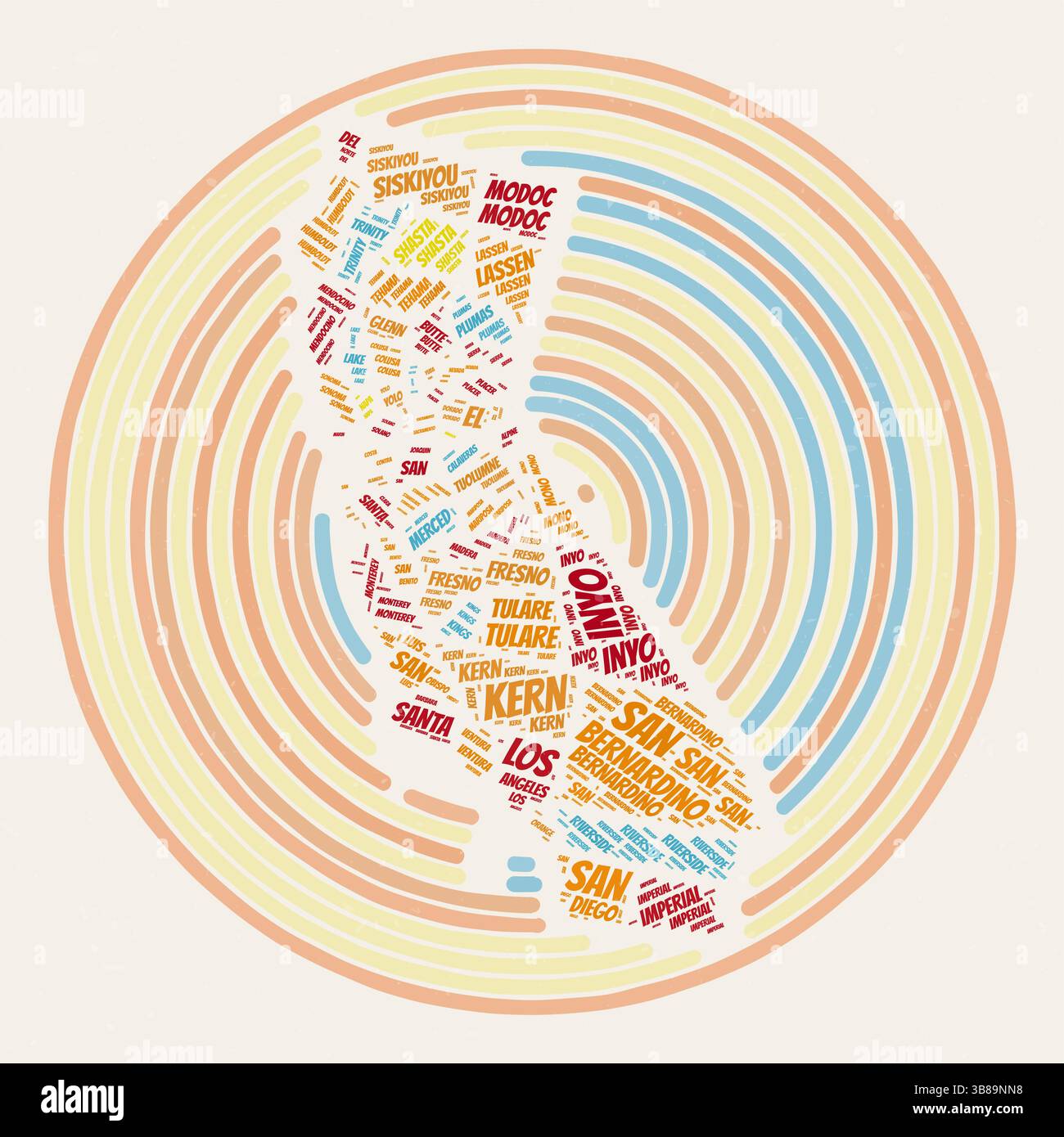 California Round Poster. Typography style image of the state. Counties ...
