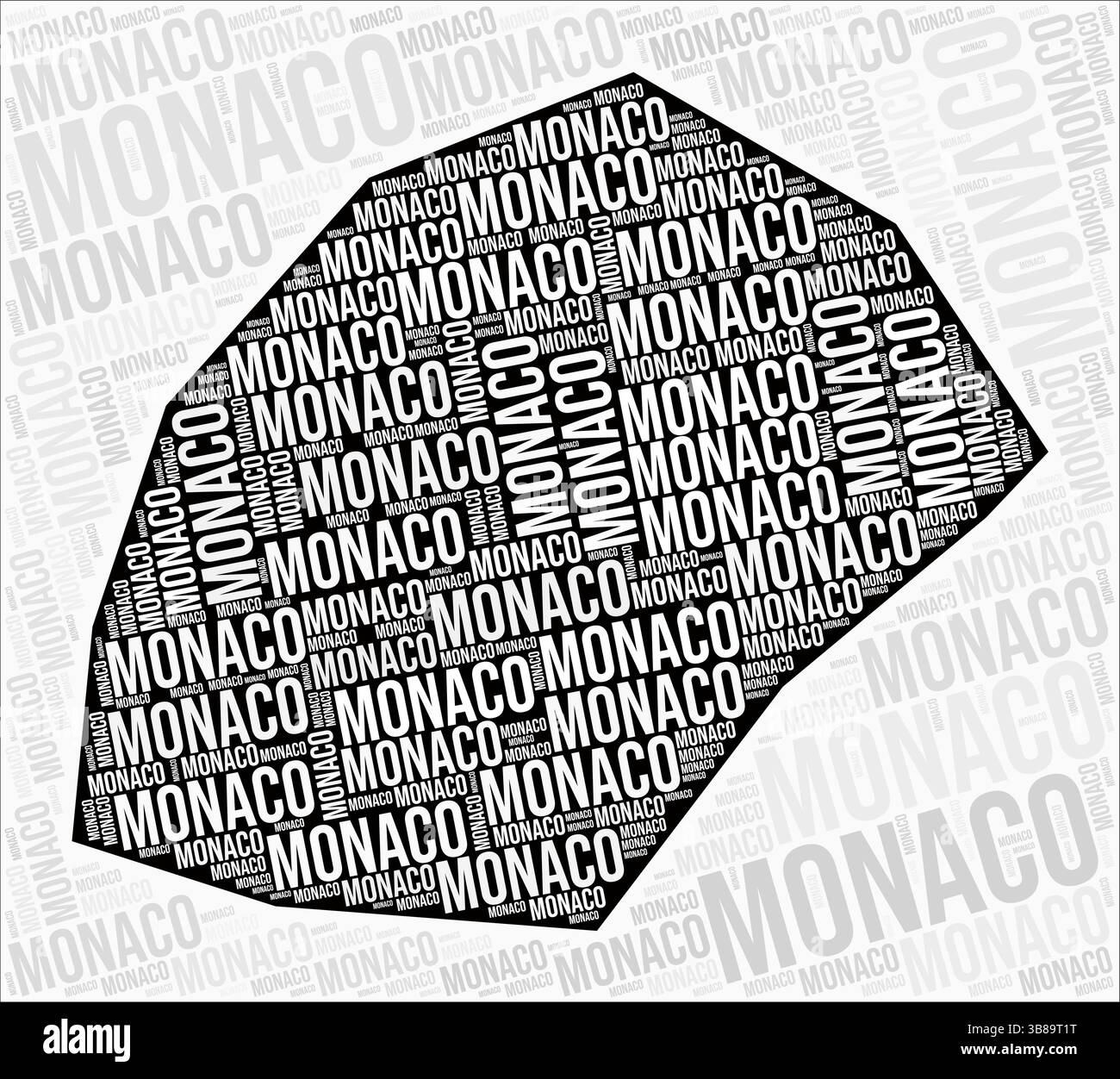 Monaco regions map word cloud. Monaco region names. Black and white map ...