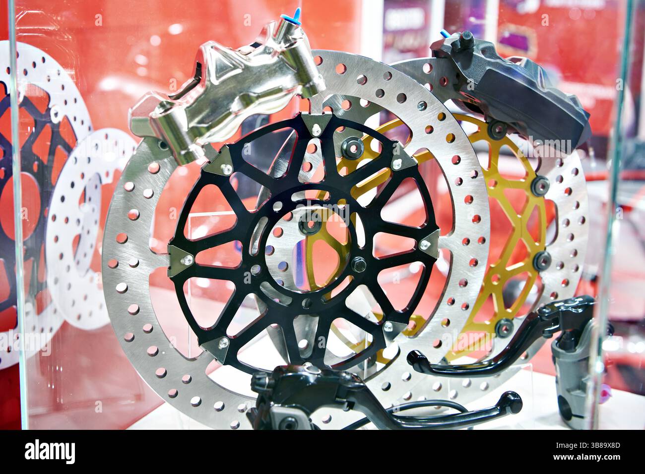 Brake discs, calipers and levers as motorcycle spare parts in the store ...