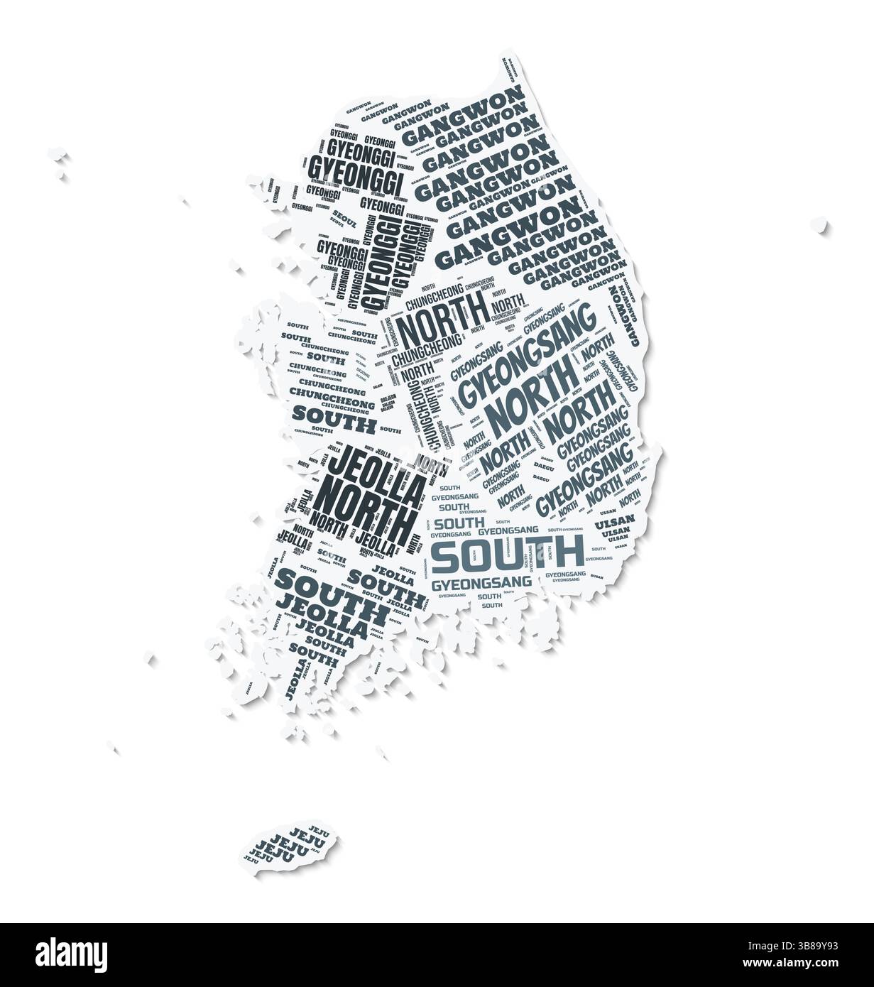 Republic of Korea shape text cloud. Country border with shadow on white ...