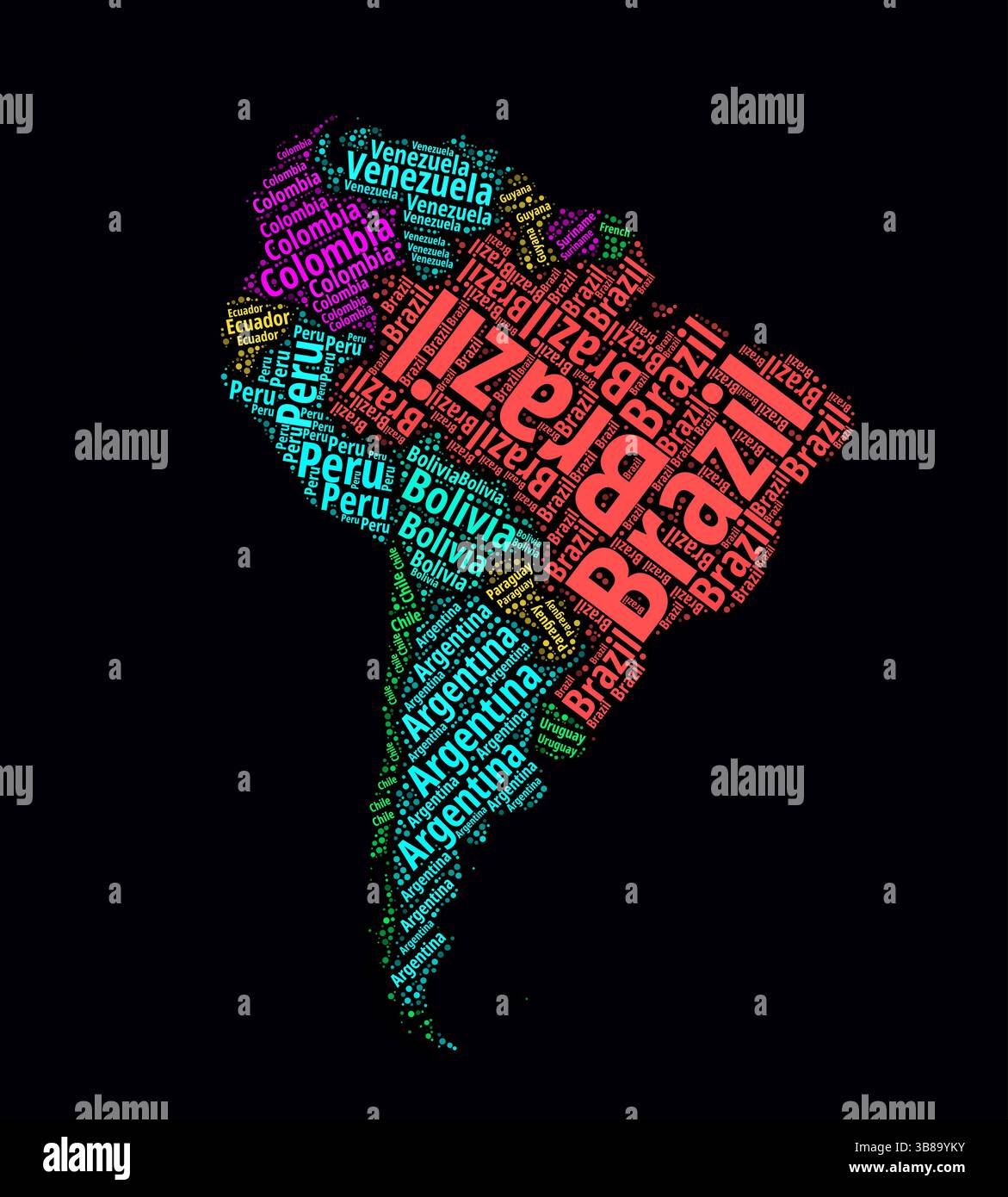 South America Word Cloud. Bright neon style design on dark background ...