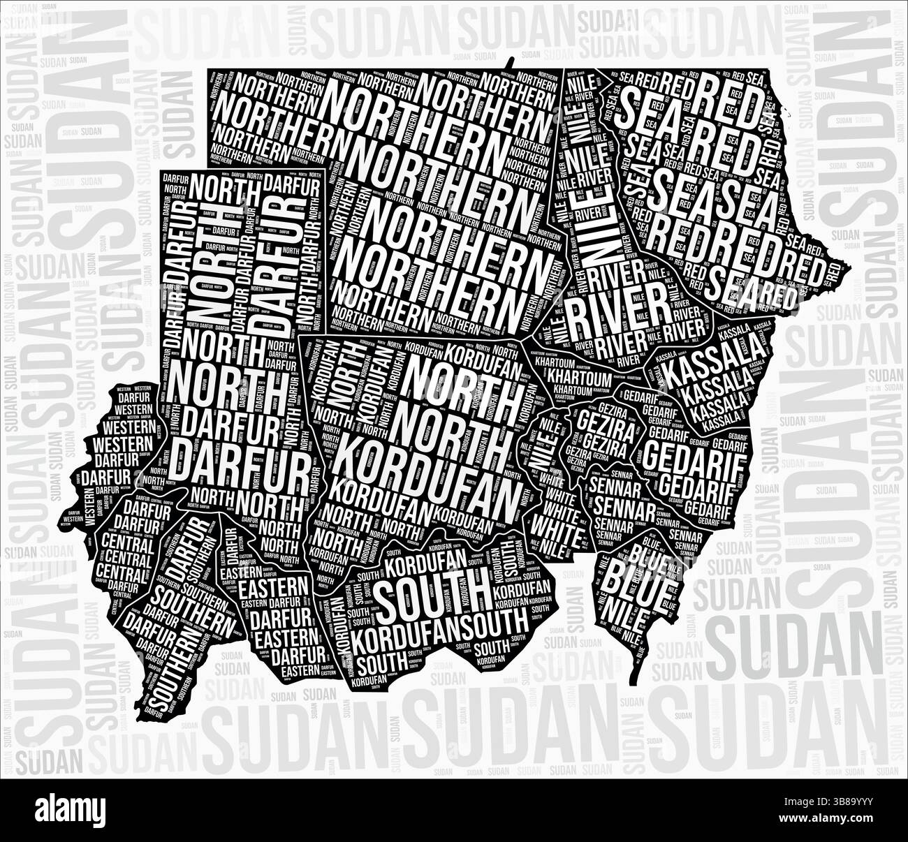 Sudan regions map word cloud. Sudan region names. Black and white map ...