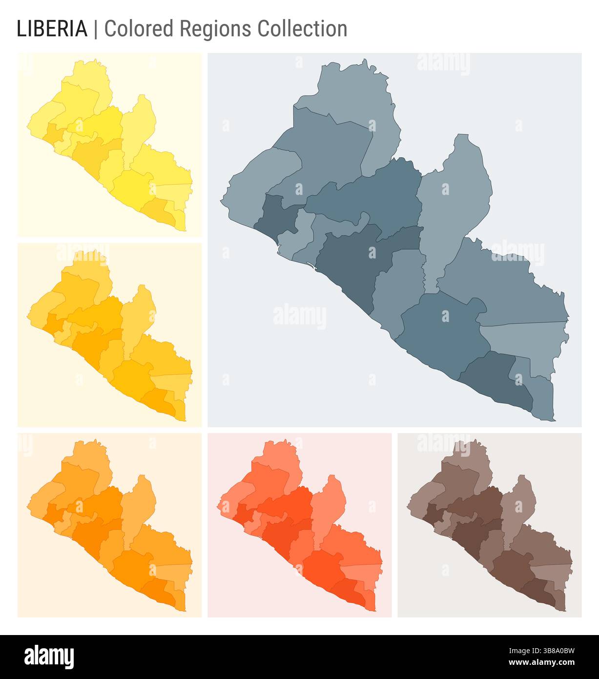 Liberia map collection. Country shape with colored regions. Blue, Grey ...