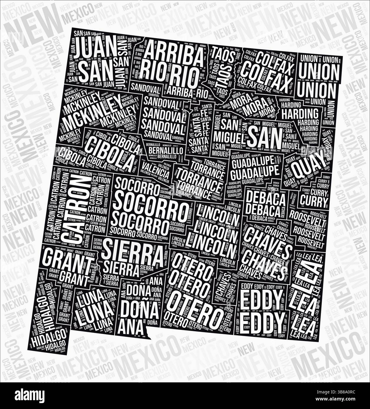 New Mexico counties map word cloud. New Mexico region names. Black and ...