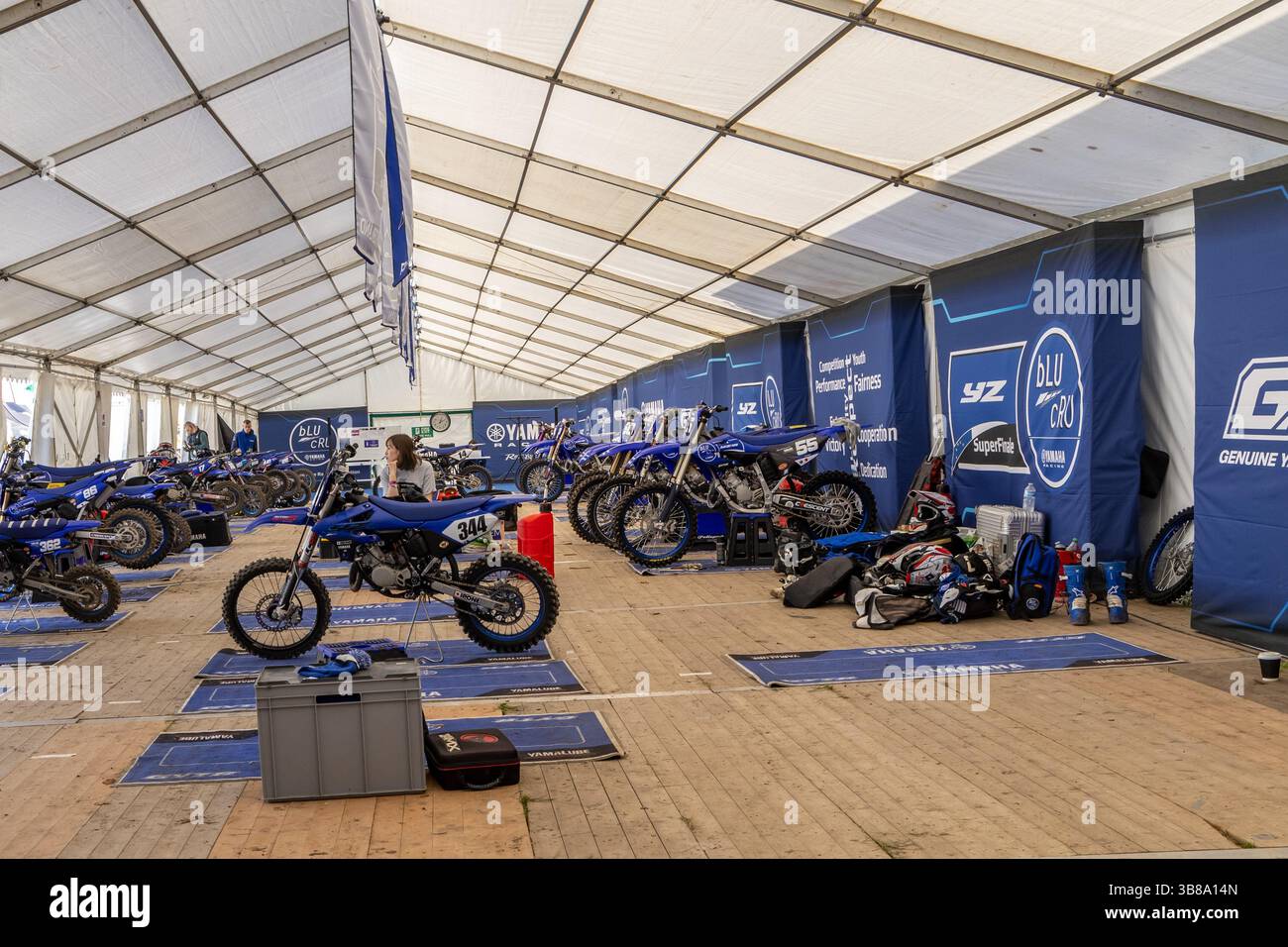 Winchester, UK- October 5, 2024: Yamaha race tent lined with multiple ...