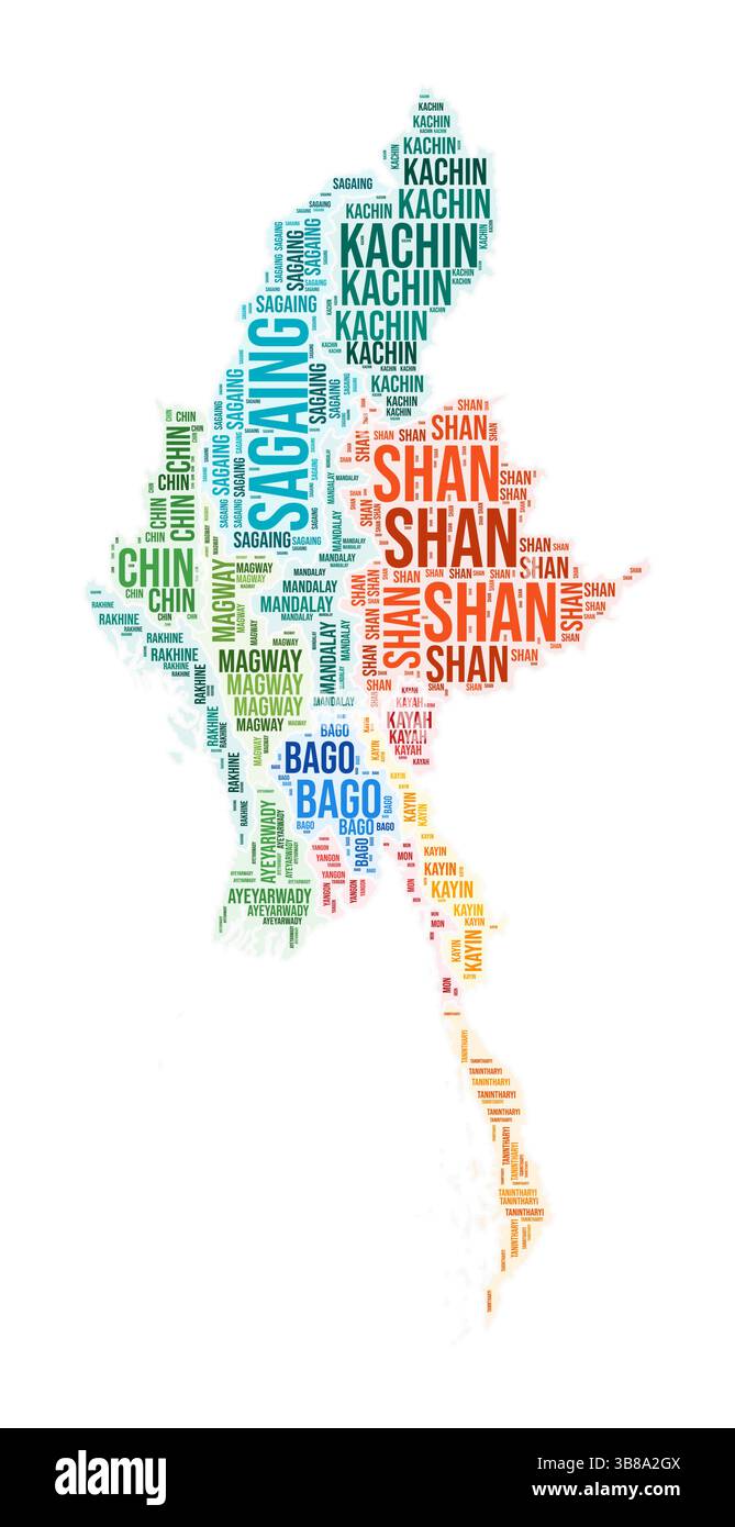 Myanmar region word cloud. Country shape design. Myanmar colored ...