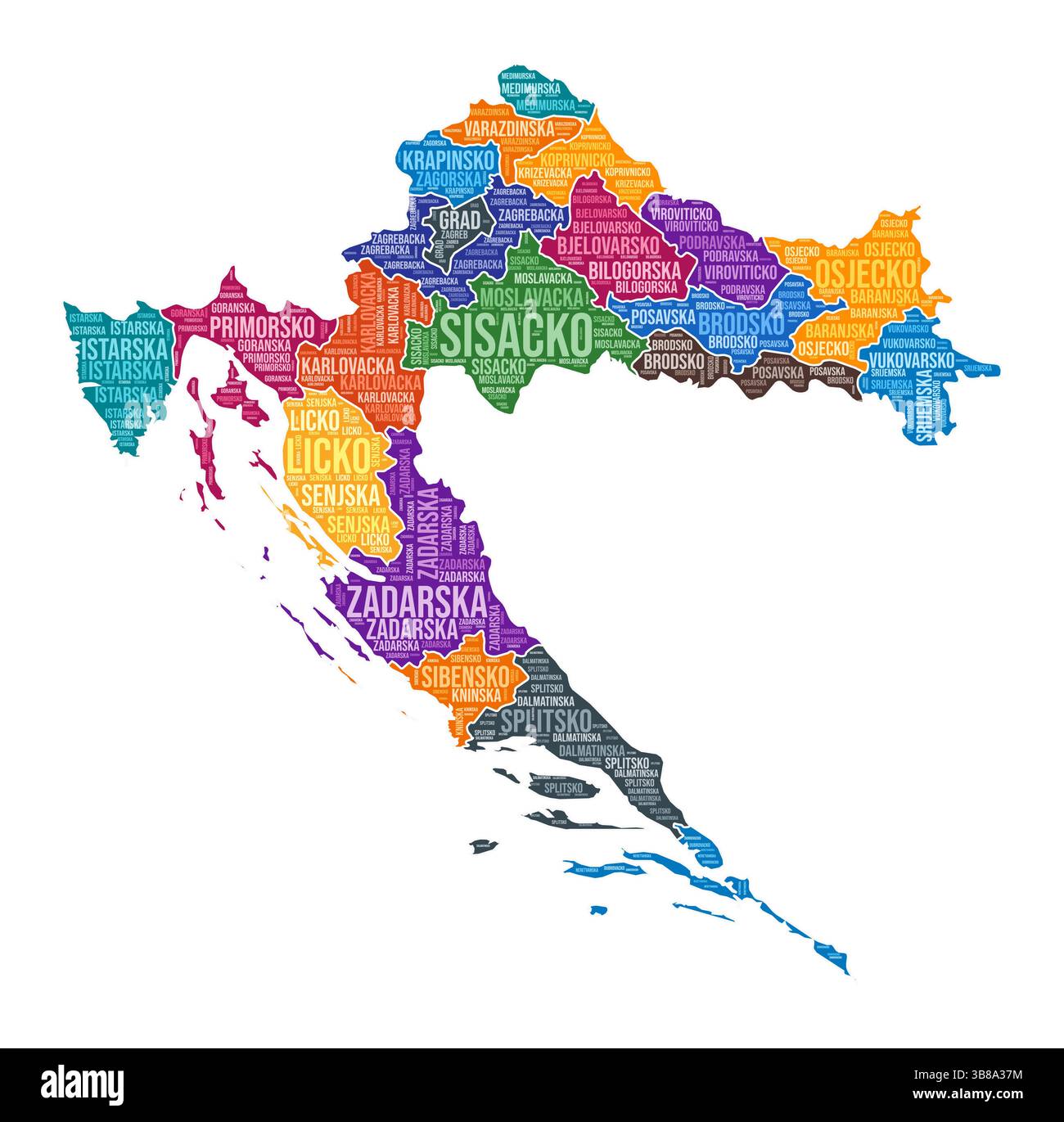 Croatia shape. Country word cloud with region division. Croatia colored ...