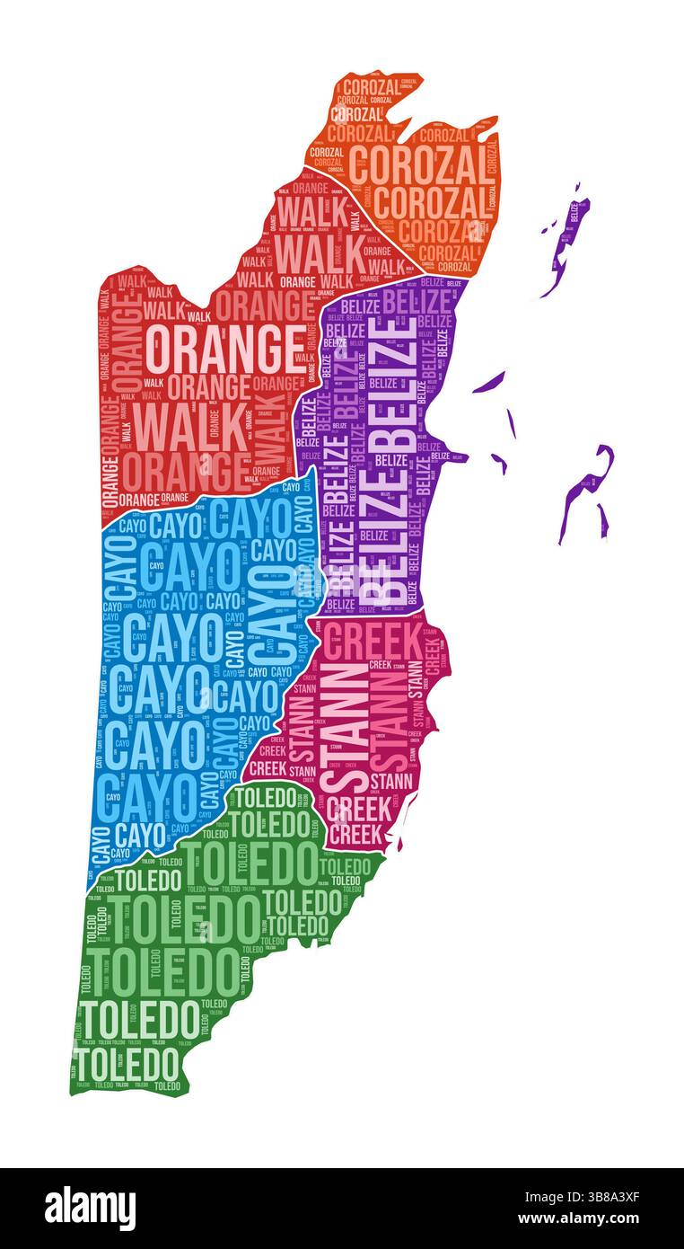 Belize shape. Country word cloud with region division. Belize colored ...