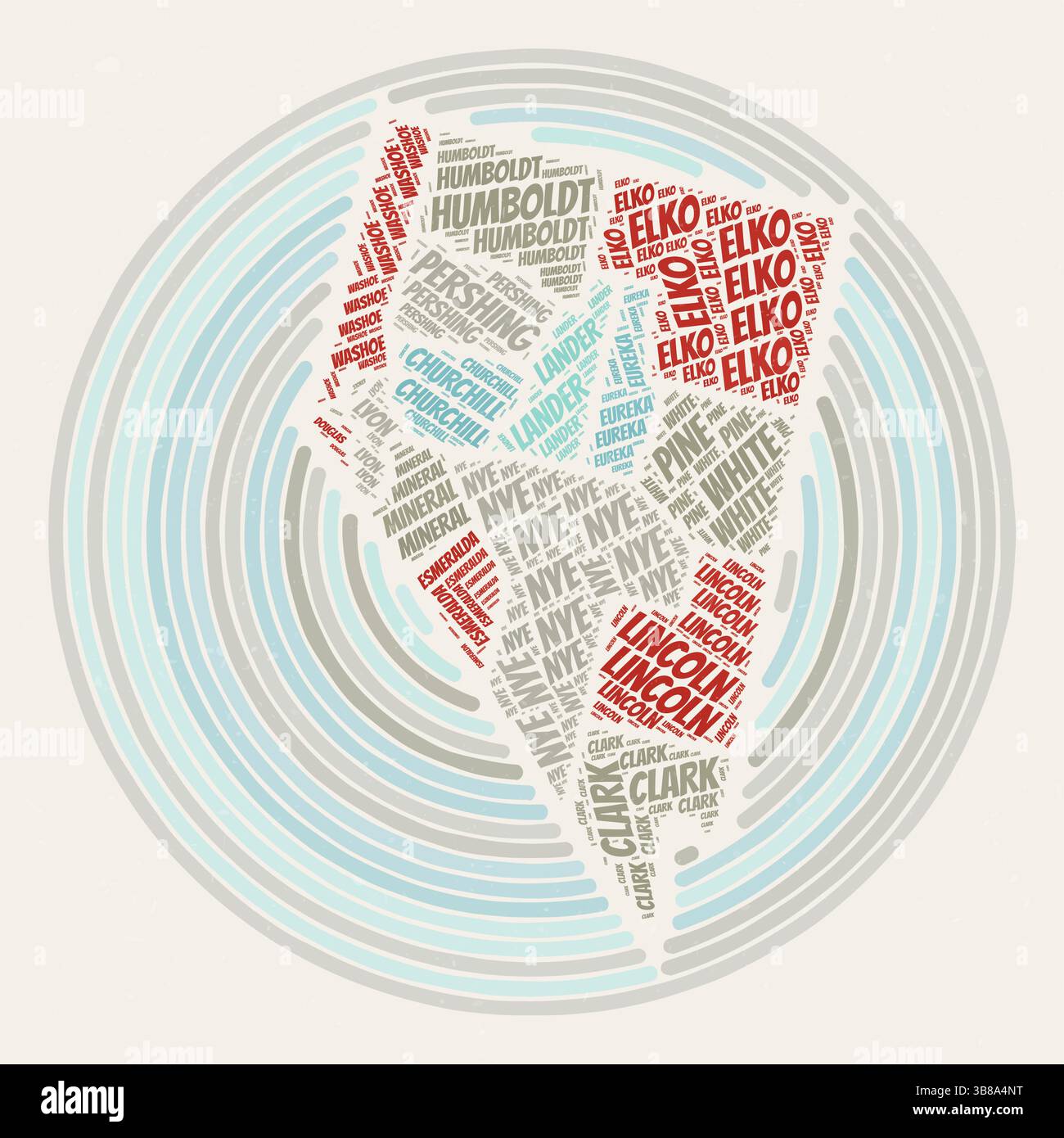 Nevada Round Poster. Typography style image of the state. Counties word ...