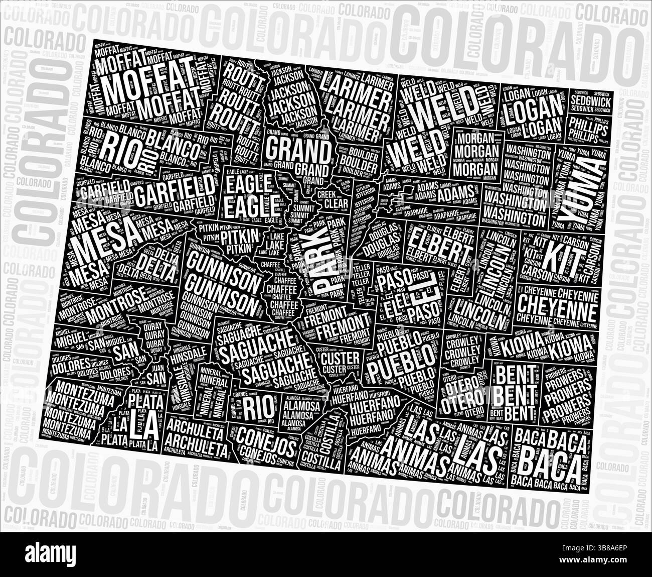 Colorado counties map word cloud. Colorado region names. Black and ...