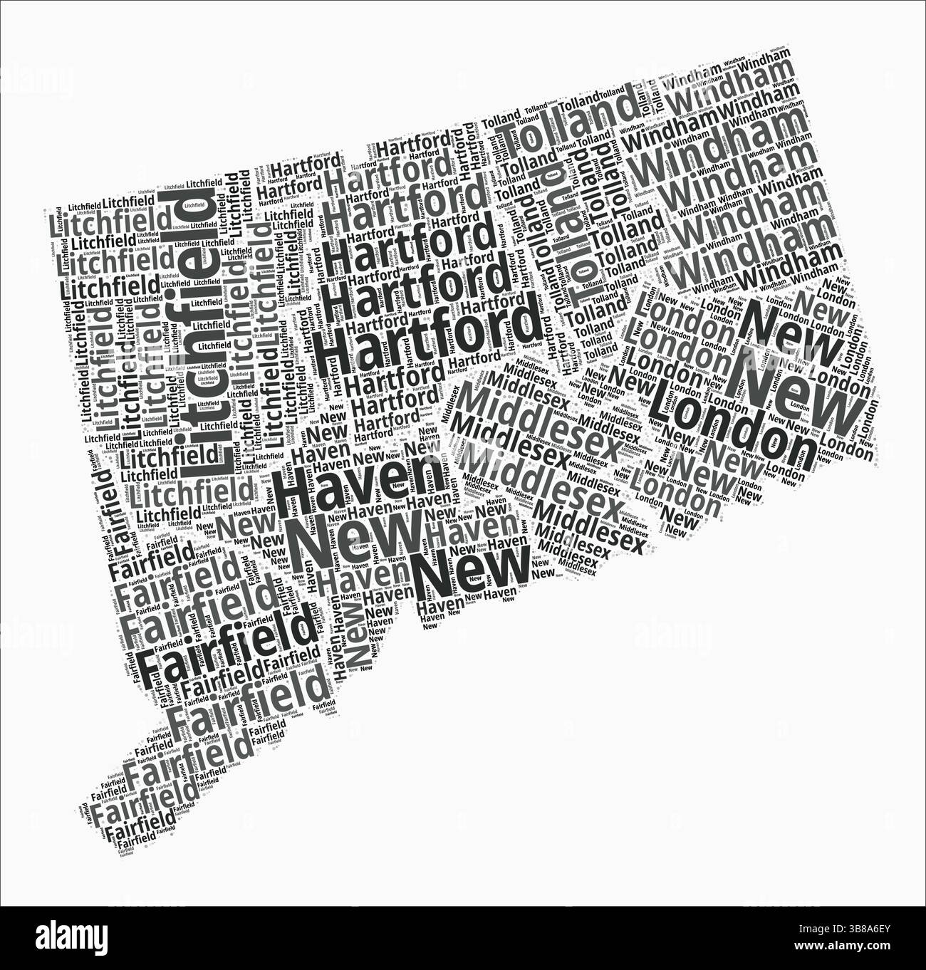Connecticut Text Style Counties. State region names word clouds in the ...