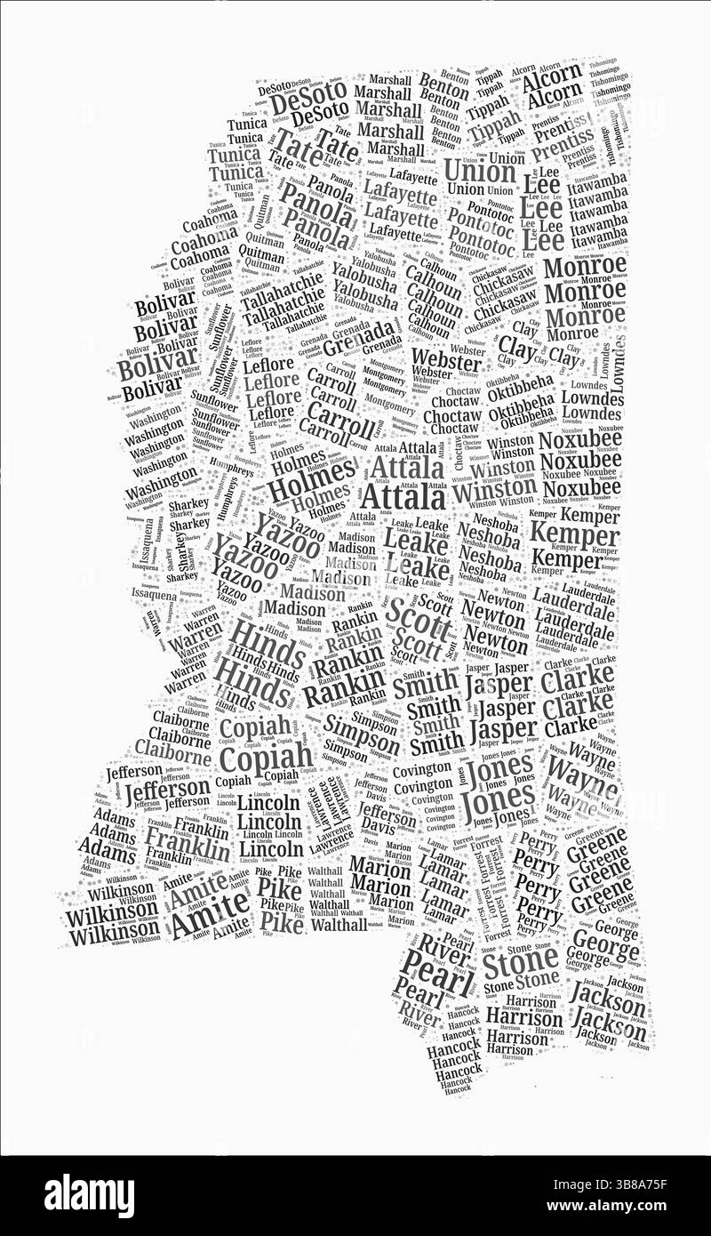 Mississippi Text Style Counties. State region names word clouds in the ...