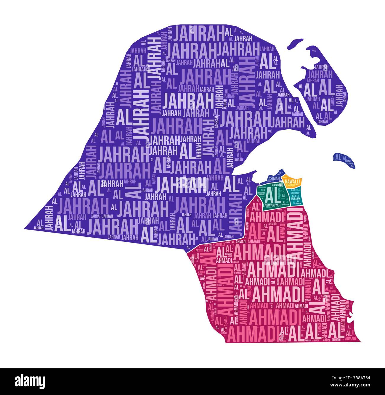 Kuwait shape. Country word cloud with region division. Kuwait colored ...