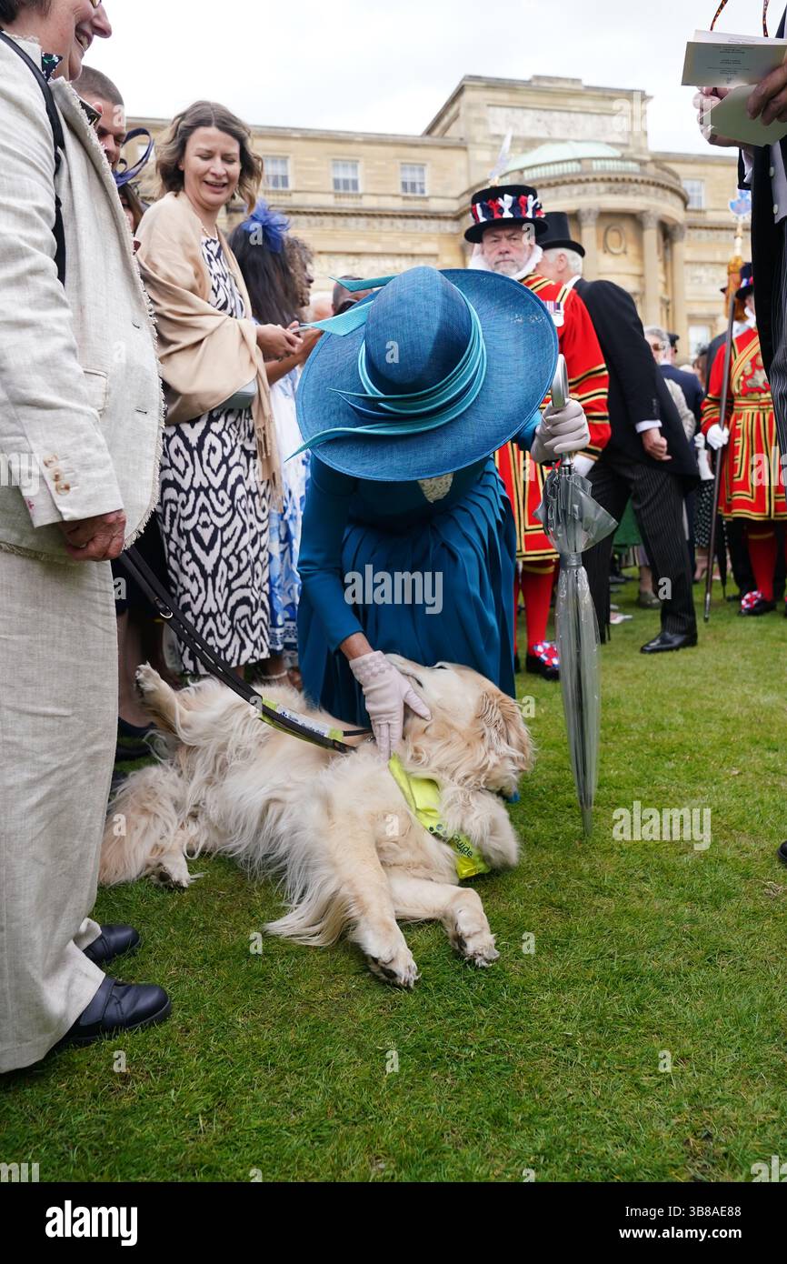 Queen Camilla is seen rubbing Jeanette Binns' Labrador, Haworth, under ...