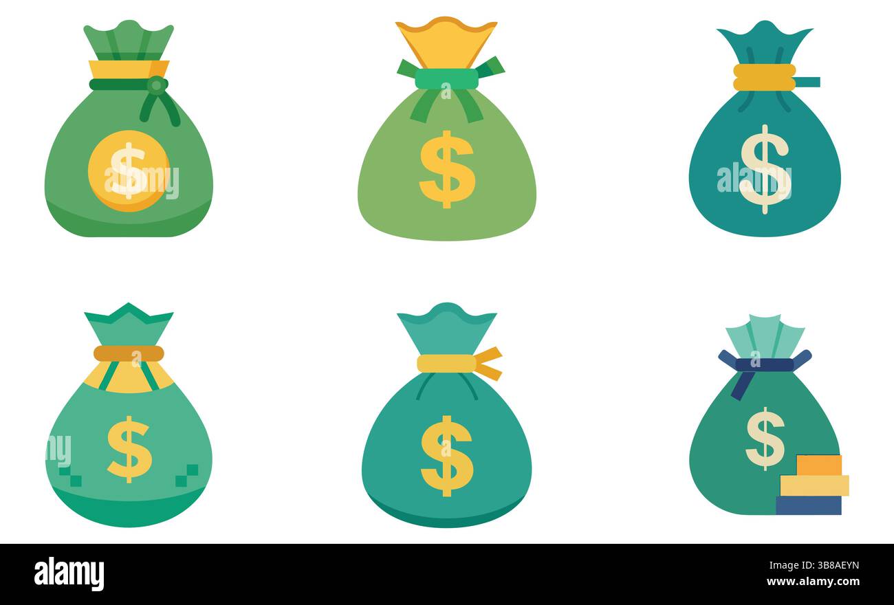 Collection of Six Green Money Bags with Dollar Signs Stock Vector Image ...