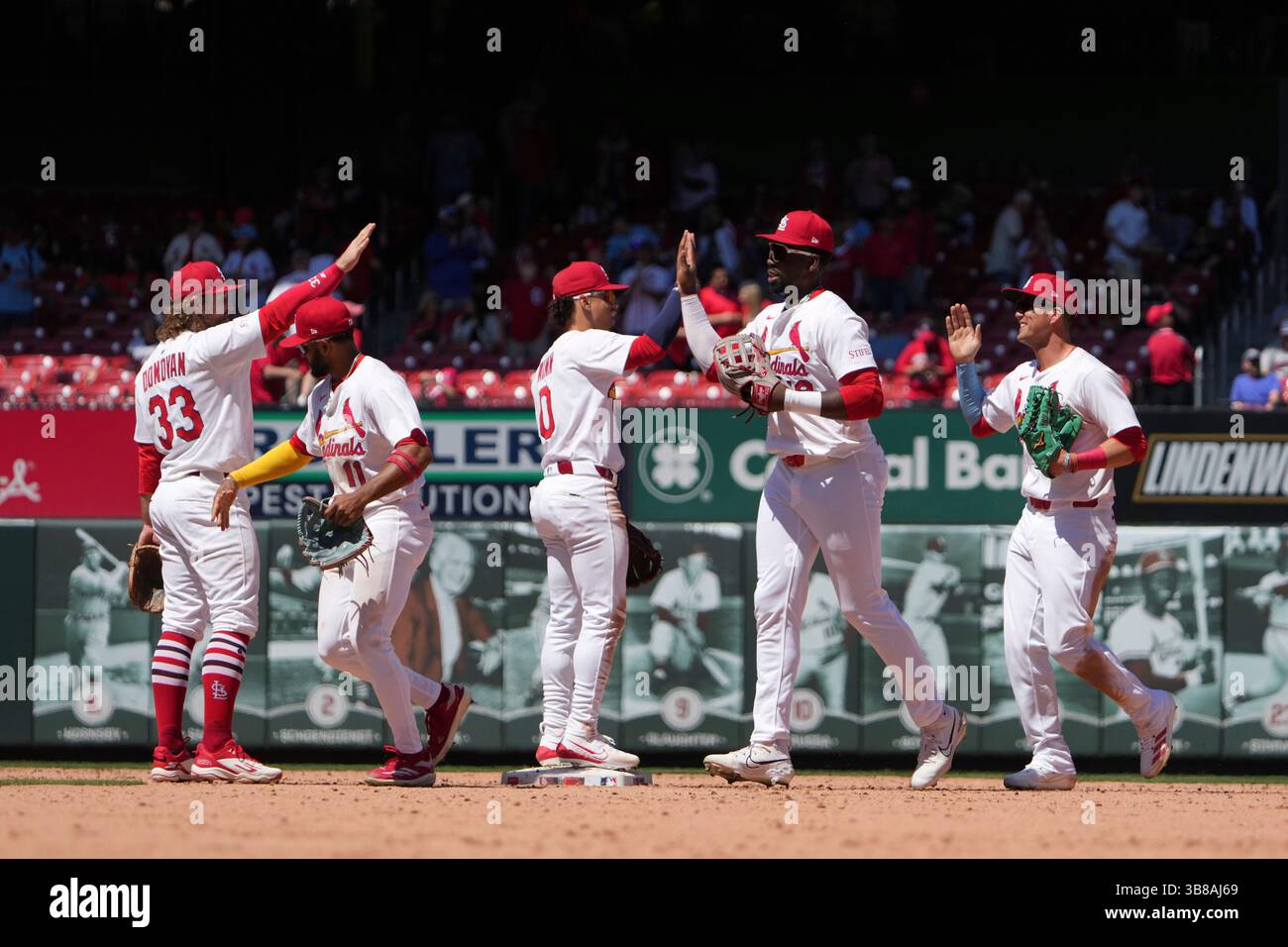 Members of the St. Louis Cardinals celebrate a victory over the ...