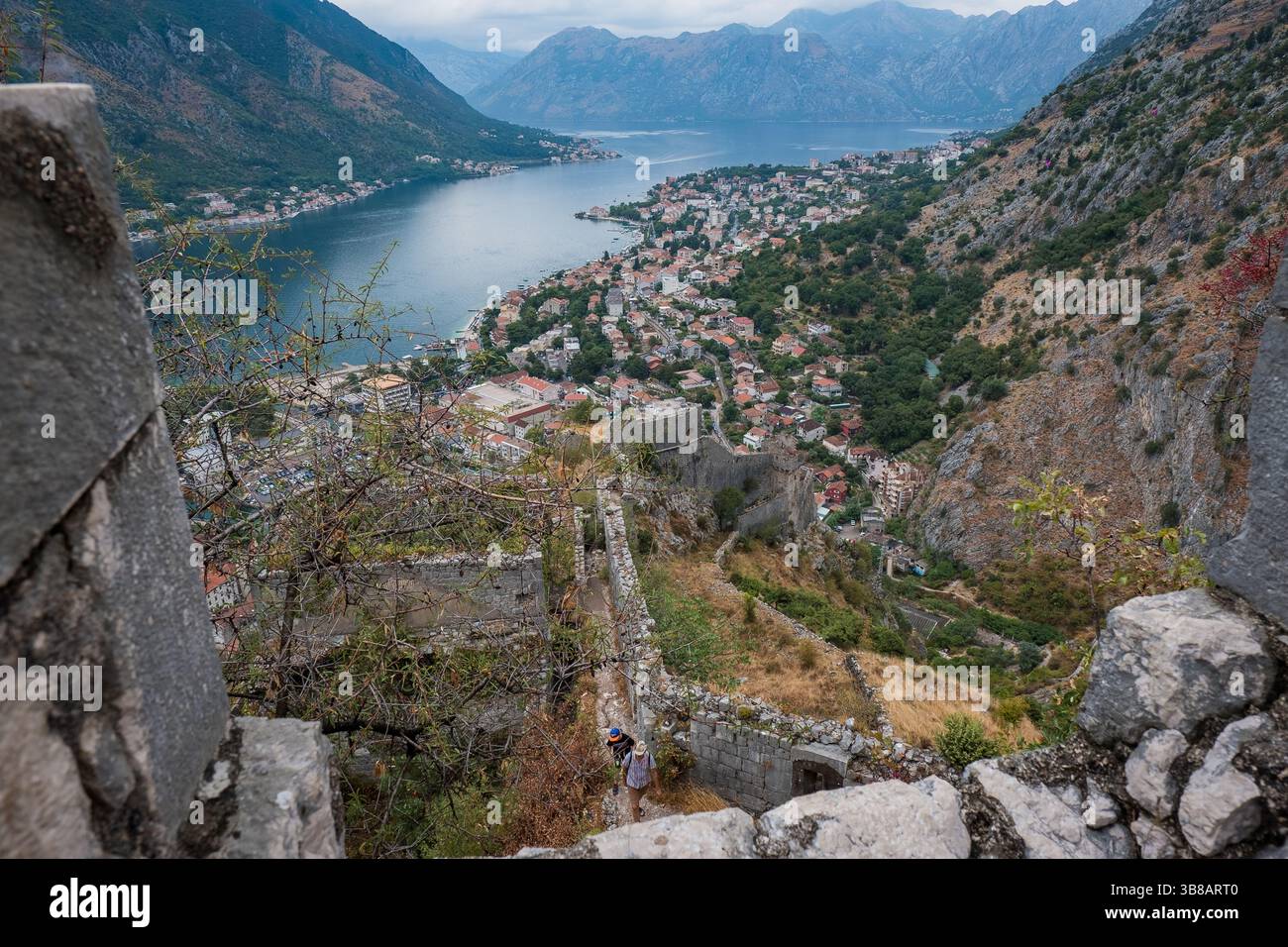 Top view over Kotor city, bay and port from the St. John's Castle on ...