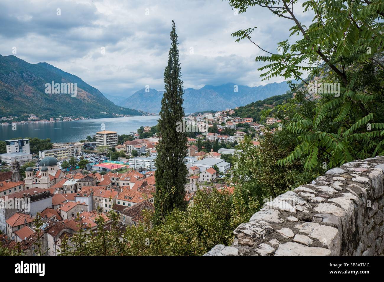 Top view over Kotor city, bay and port from the St. John's Castle on ...