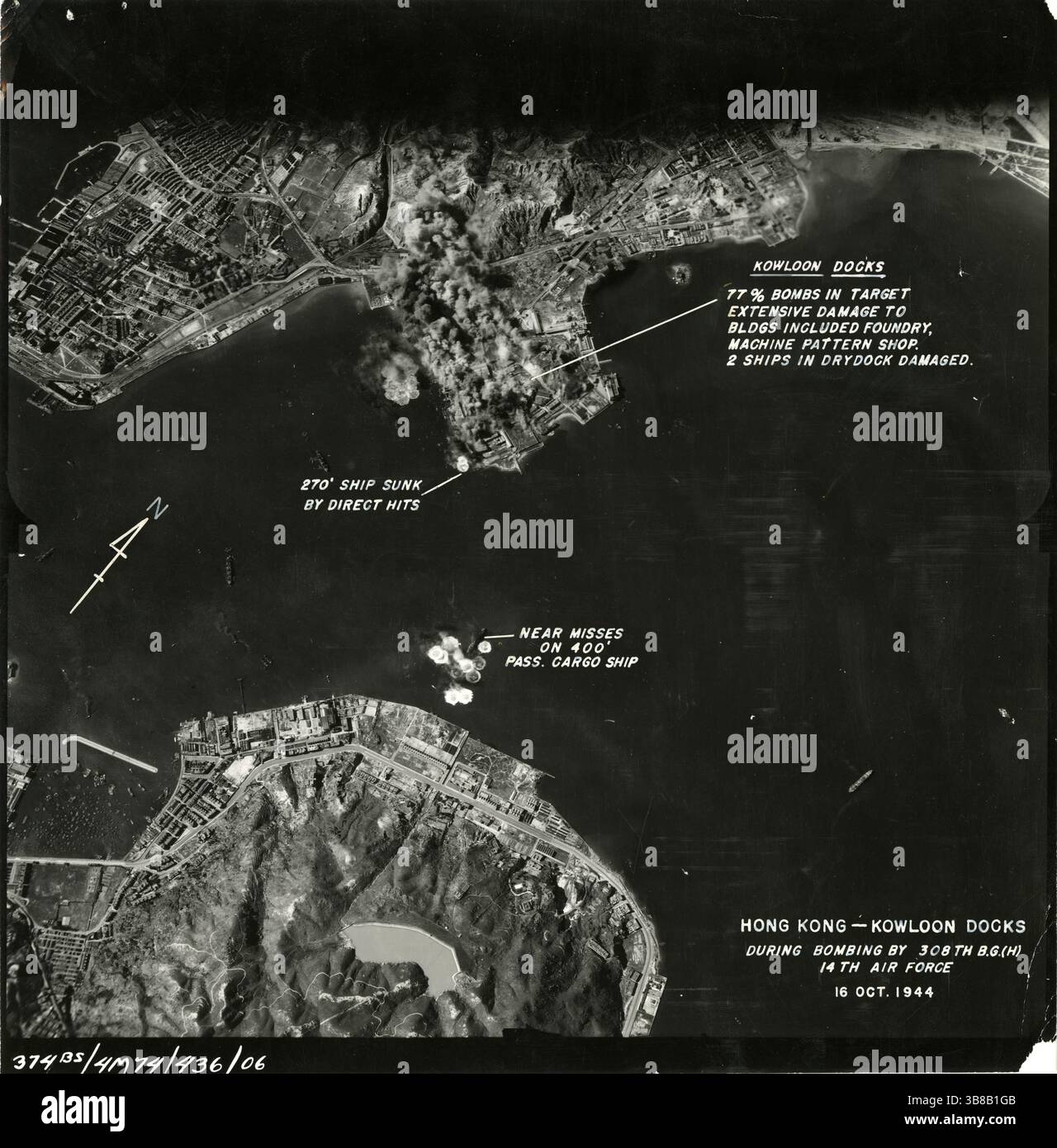 Annotated photos taken during an American air raid oj Japanese occupied ...