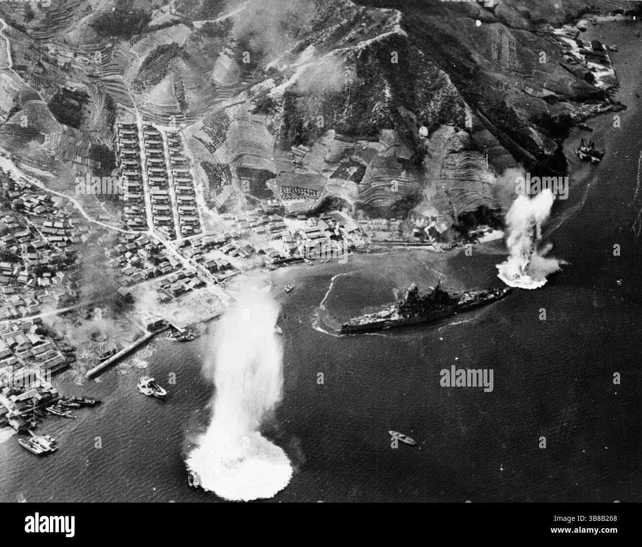 The battleship Haruna under attack on 28 July 1945. She was sunk in ...