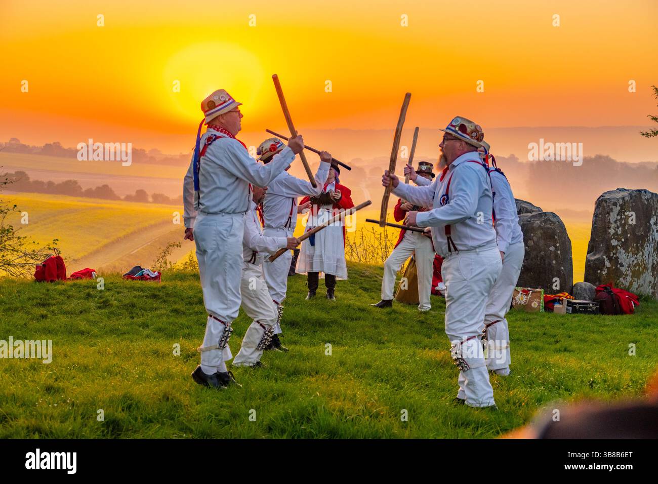 Morris dancers dancing on Coldrum Long barrow near Trottiscliffe at ...