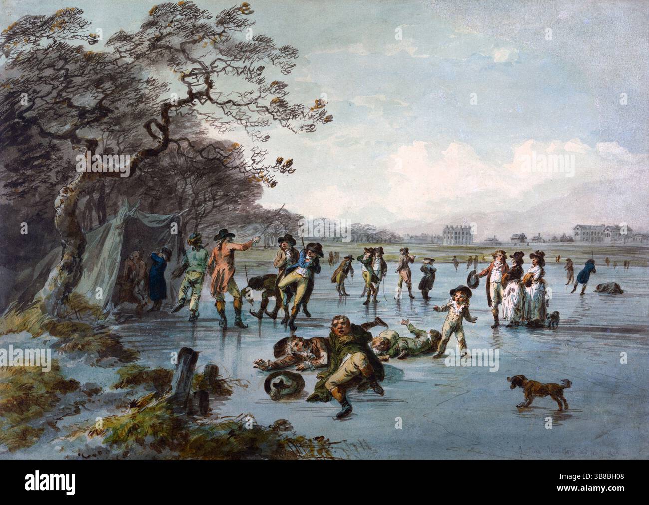 Watercolour black ink and graphite painting, people Skating in Hyde ...