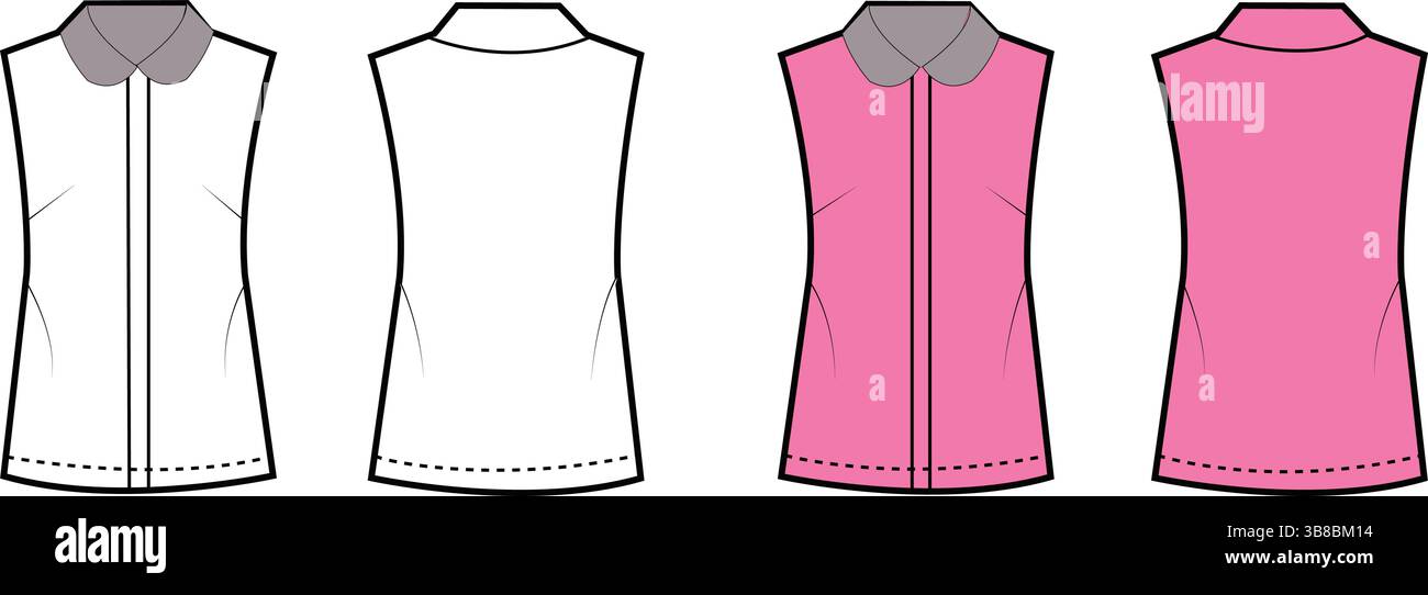 Flat Sketch Set of Sleeveless Collared Tops – Front and Back Views in ...