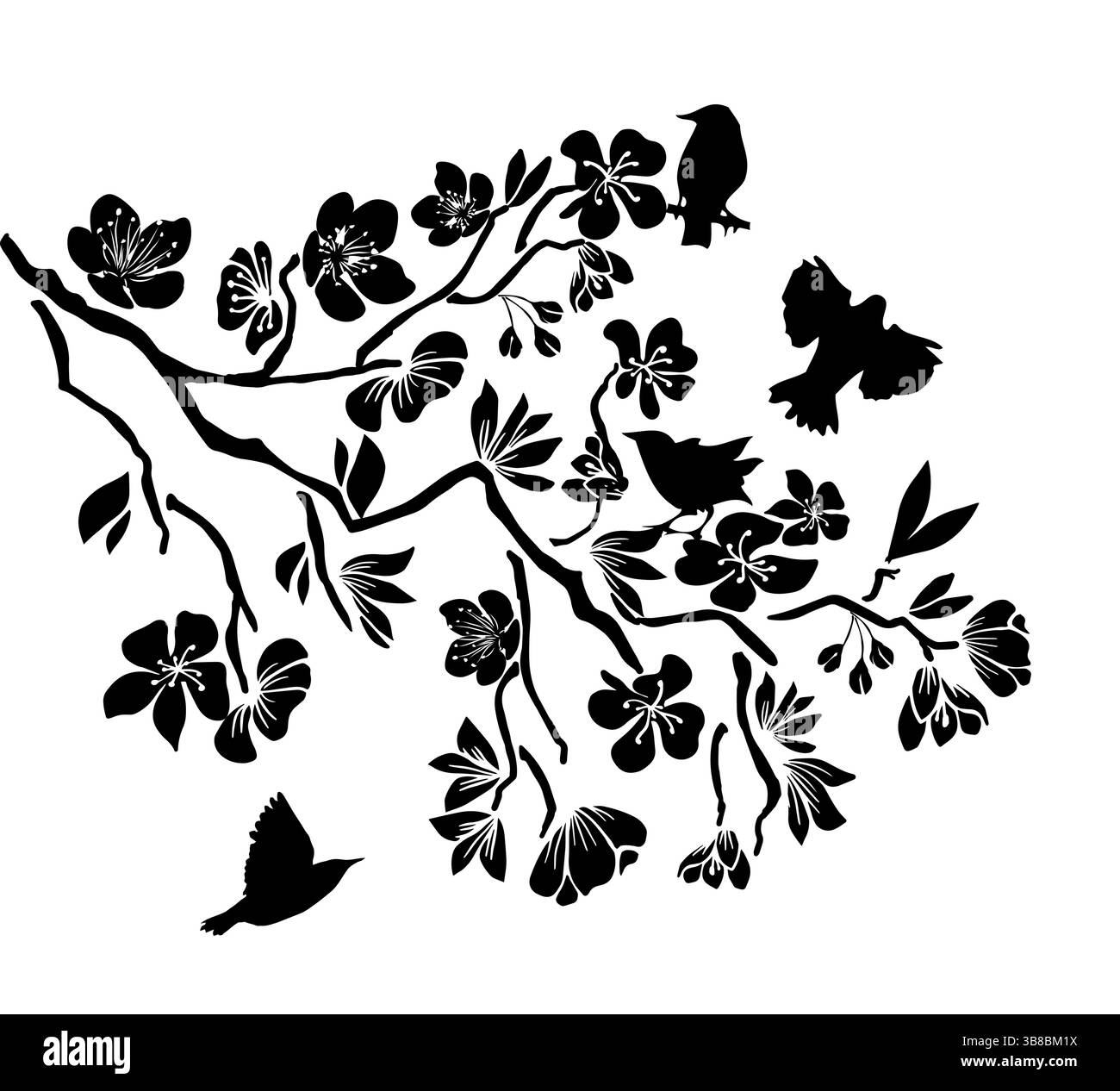 Silhouettes of flying birds on a sakura branch. Wall sticker. hand ...
