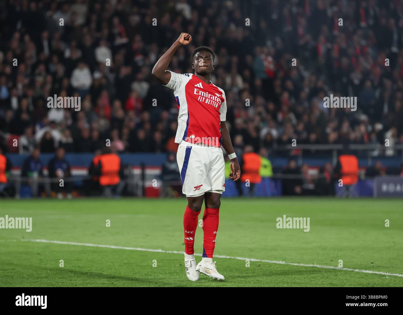 Paris, France. 7th May, 2025. Bukayo Saka of Arsenal celebrates scoring ...