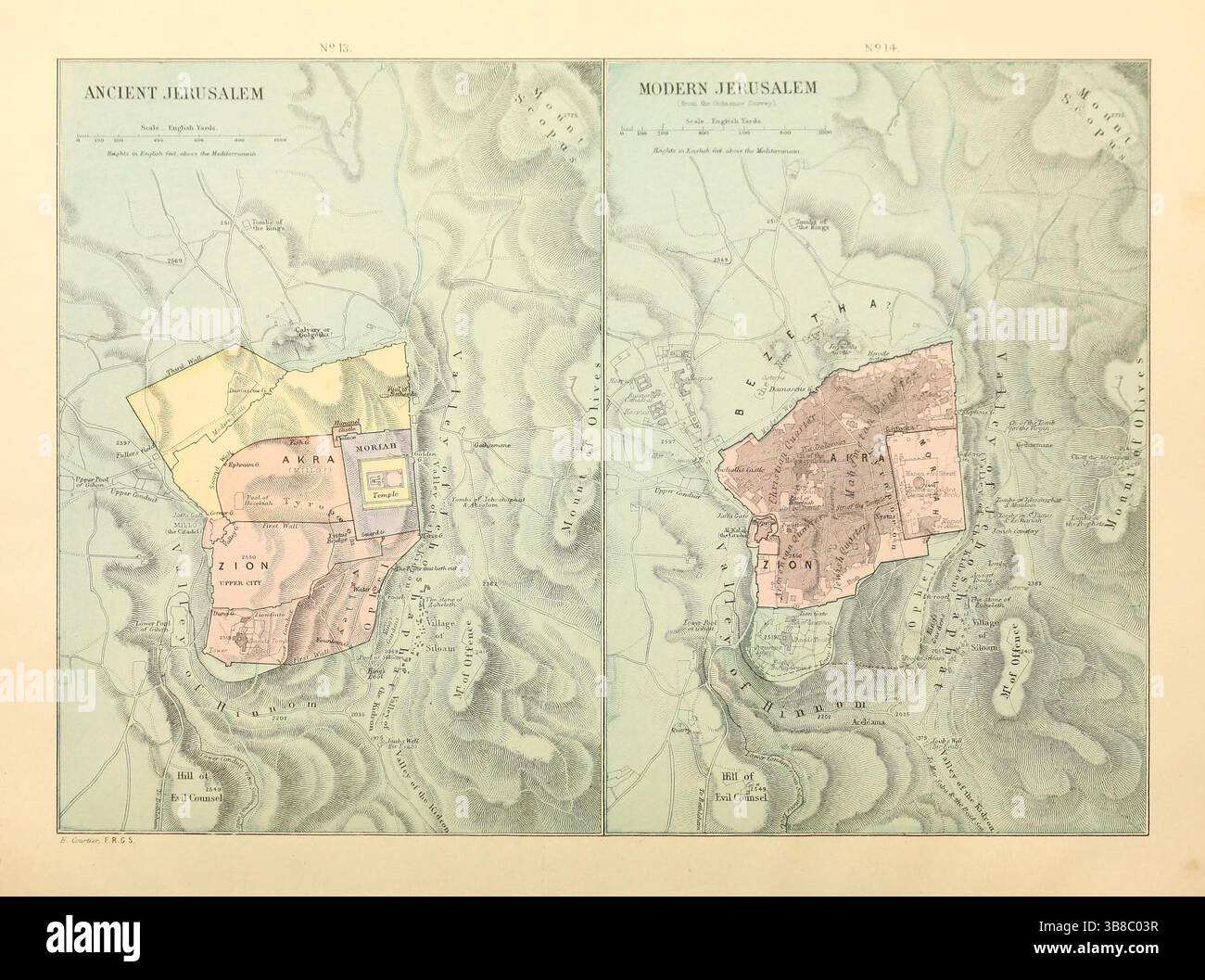 Ancient and Modern Jerusalem. Vintage Historical Bible Atlas map ...