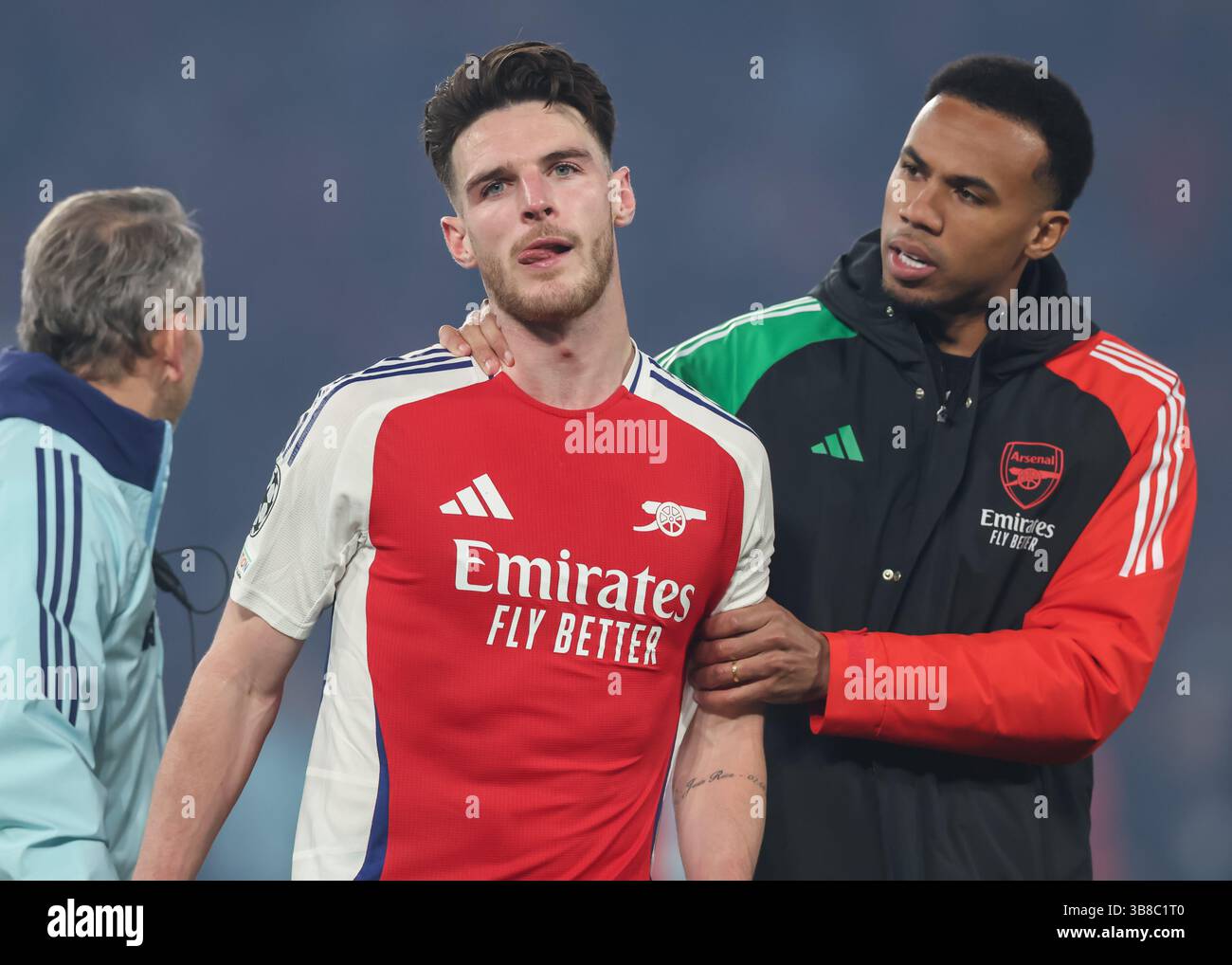 Paris, France. 7th May, 2025. Gabriel of Arsenal consoles Declan Rice ...