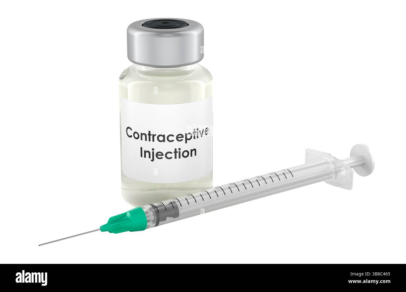 Contraceptive injection, vial and syringe. 3D rendering isolated on ...