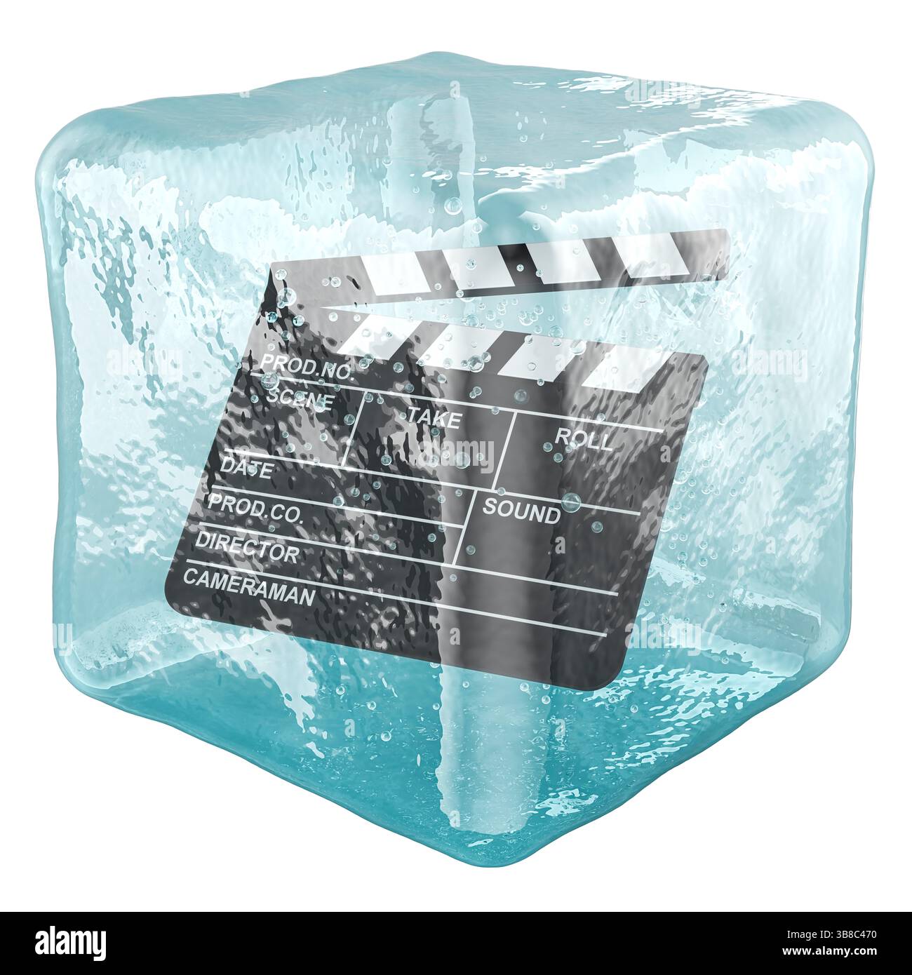 Pause in filming, cinema production freeze concept. Clapperboard frozen ...