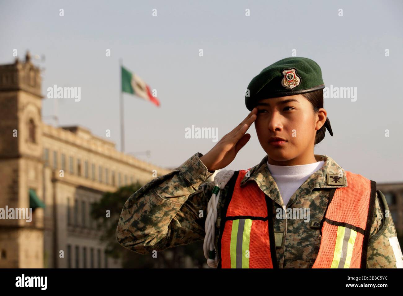 A military woman of the Mexican Army during the lowering ceremony of ...