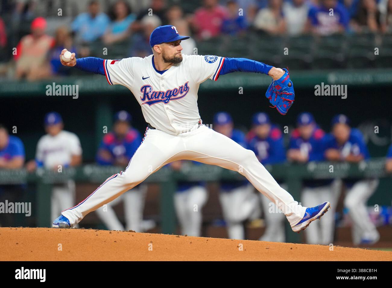 Texas Rangers starting pitcher Nathan Eovaldi throws a pitch to the ...
