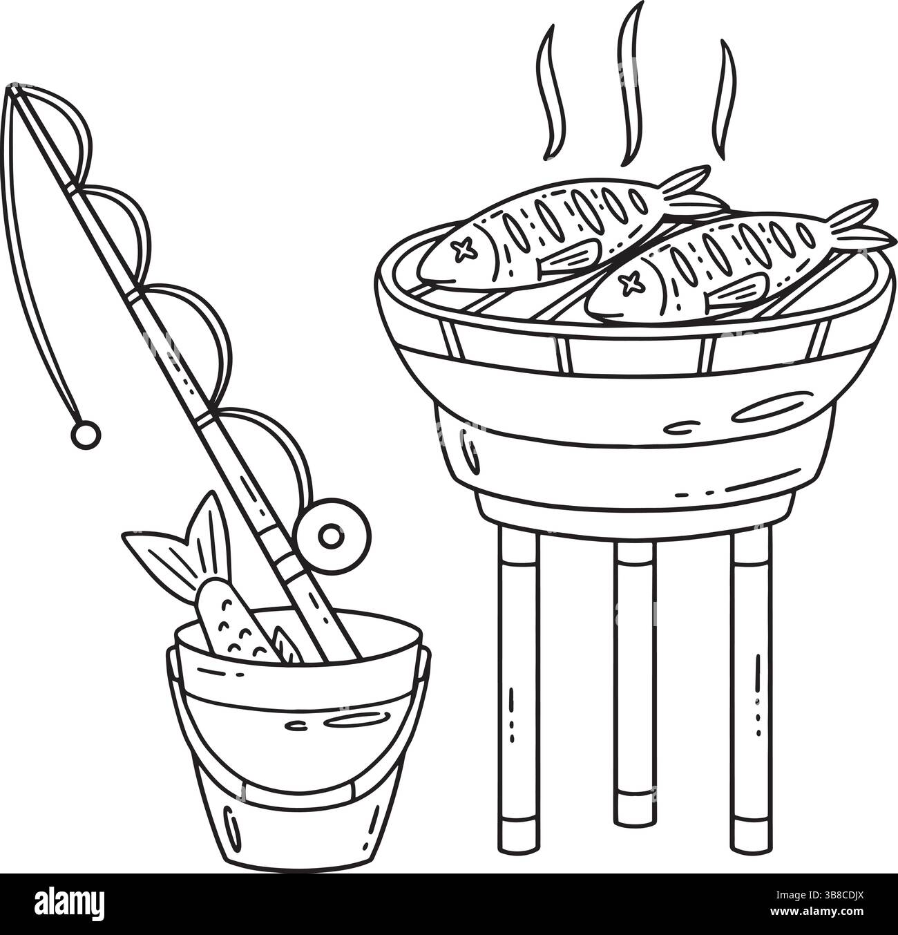 BBQ and Grilling Fish Isolated Coloring Page Stock Vector Image & Art ...