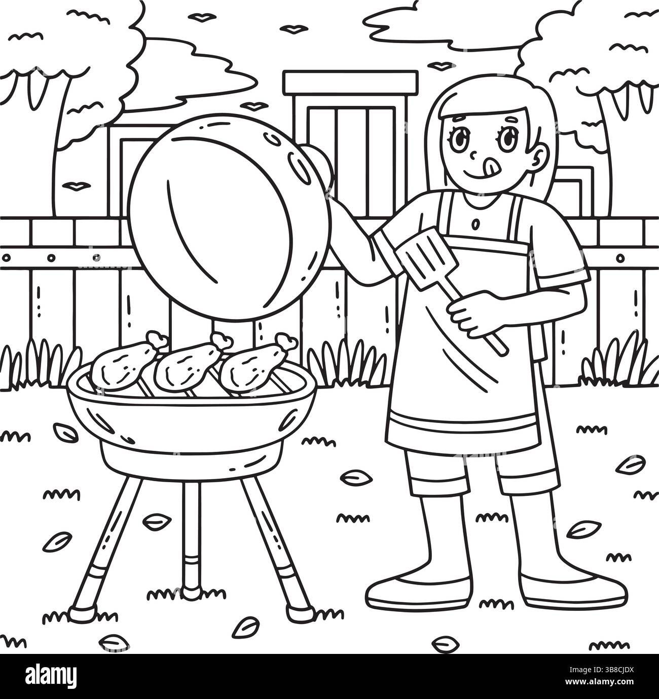 BBQ and Girl Grilling Chicken Coloring Page Stock Vector Image & Art ...