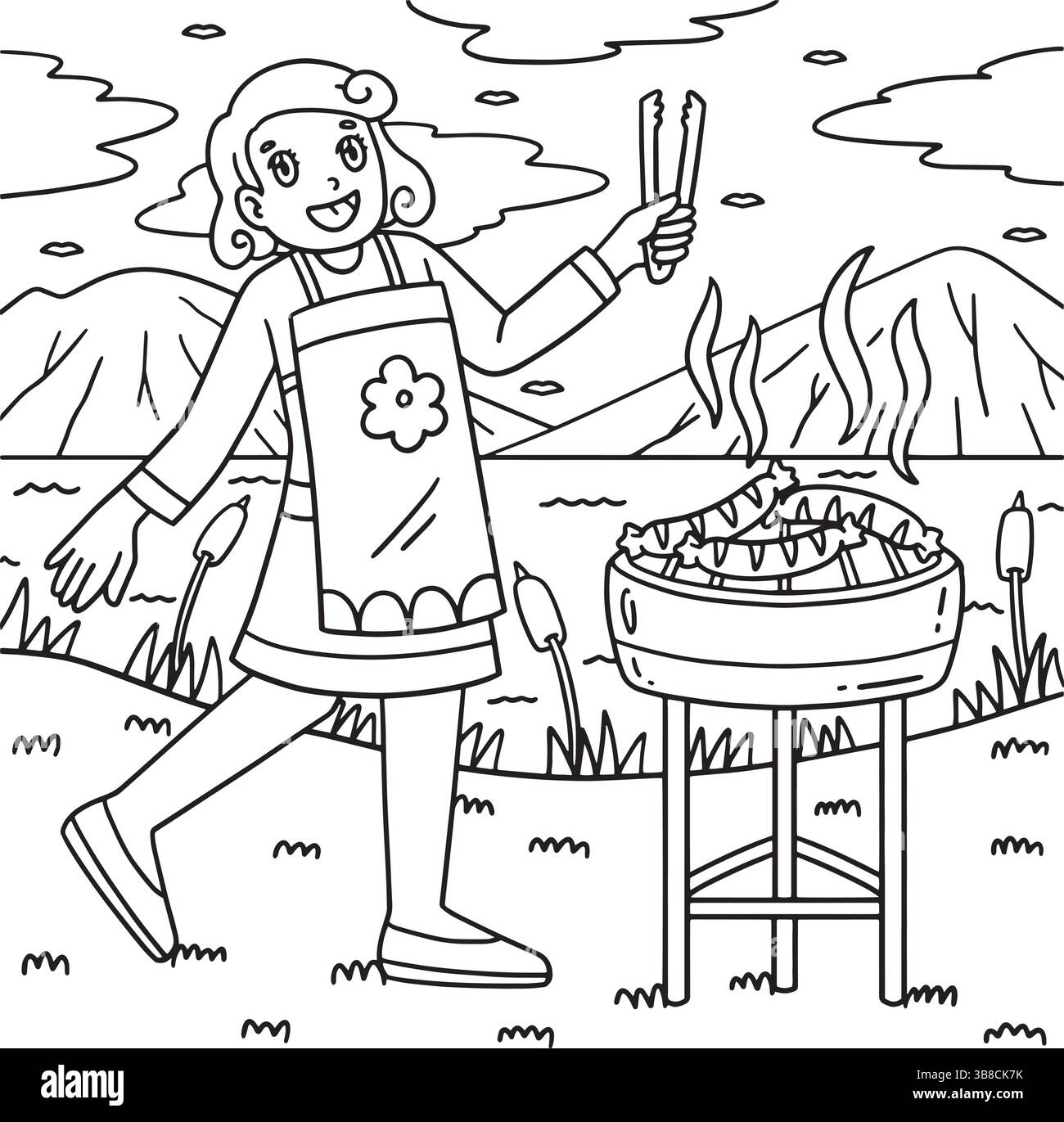 BBQ and Mom Grilling Sausages Coloring Page Stock Vector Image & Art ...