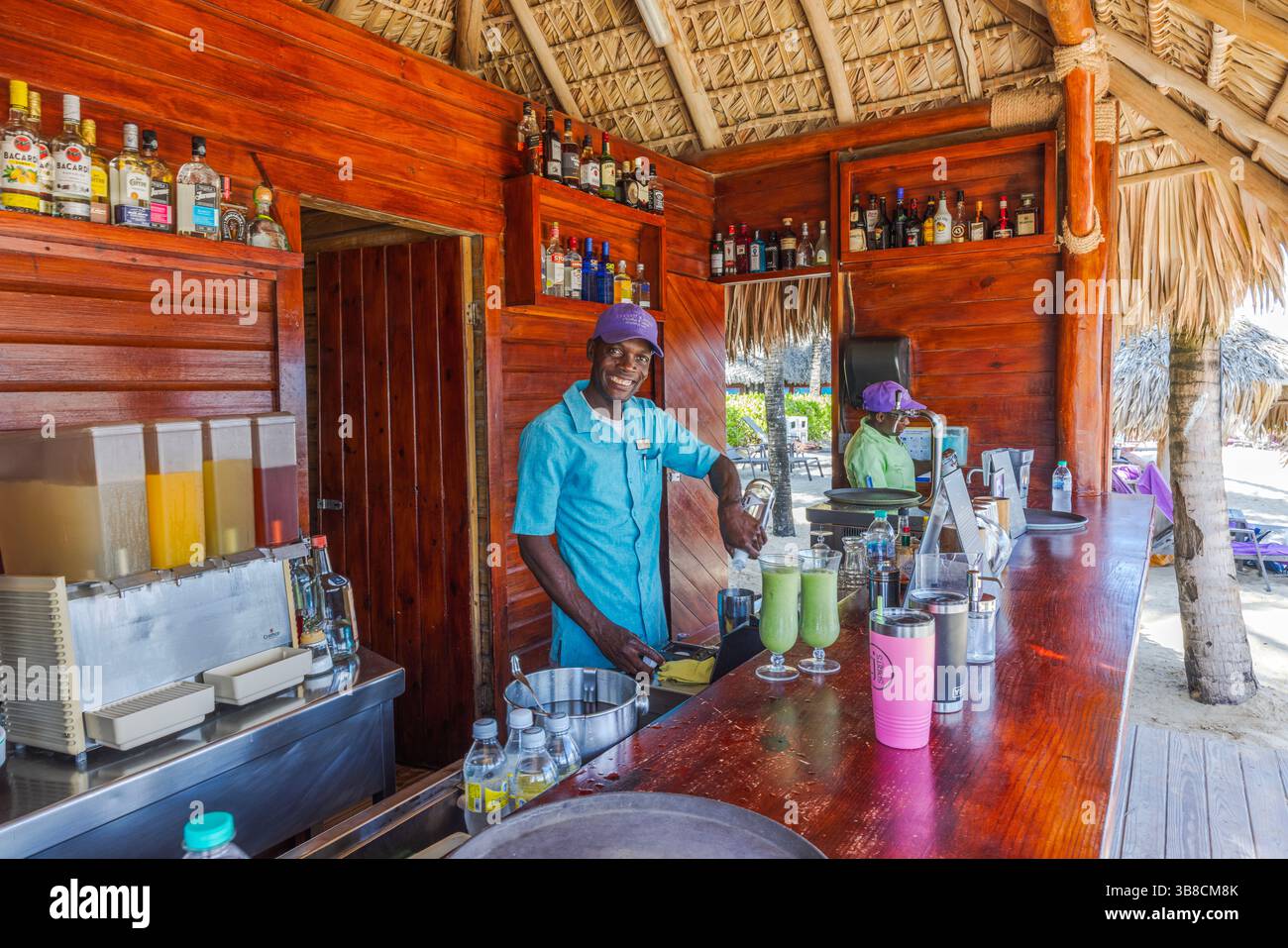 Smiling Dominican bartender preparing drinks at tropical beach bar in ...