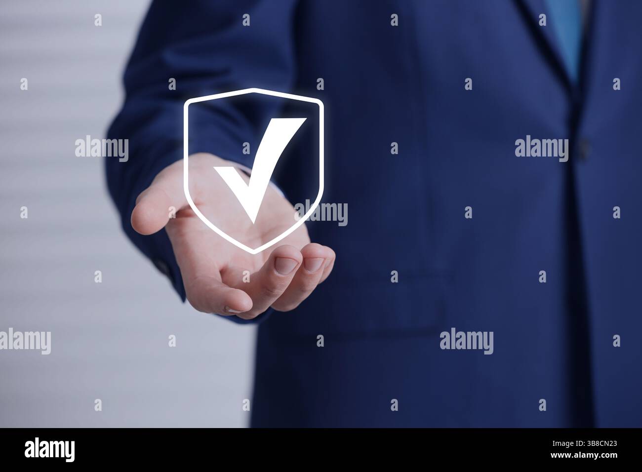 Approved. Man holding virtual check mark in hand, closeup Stock Photo ...