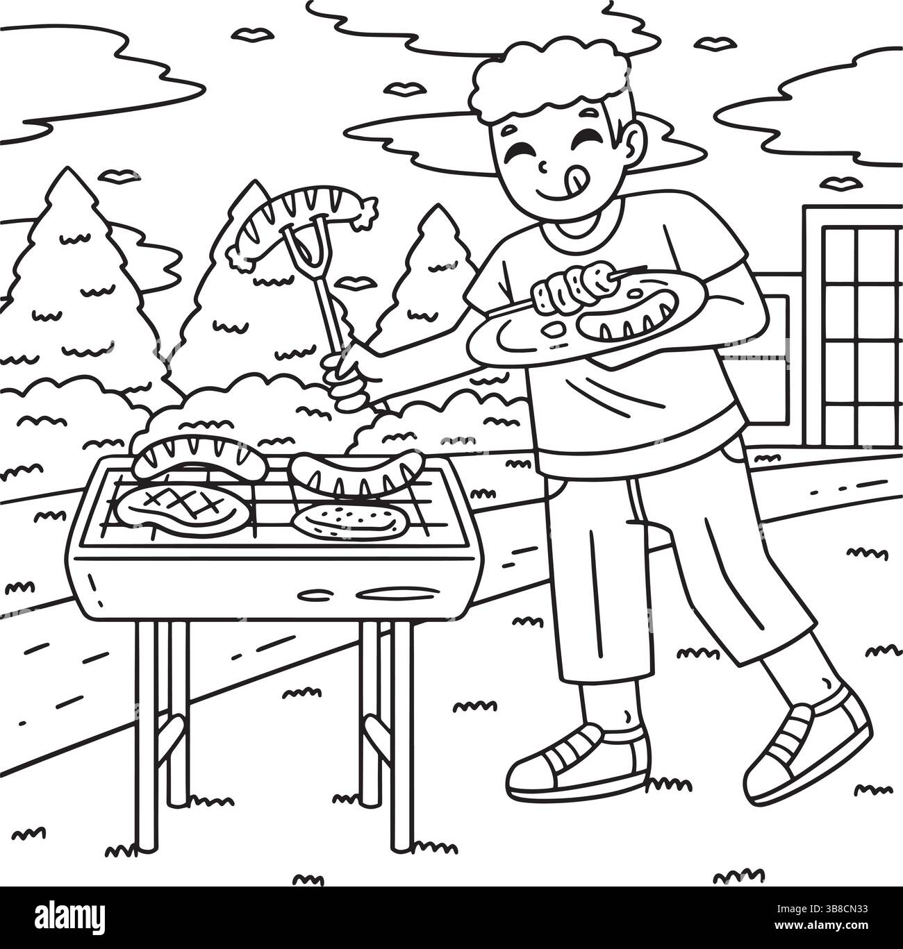 BBQ and Grilling Boy Putting Food Plate Coloring Stock Vector Image ...