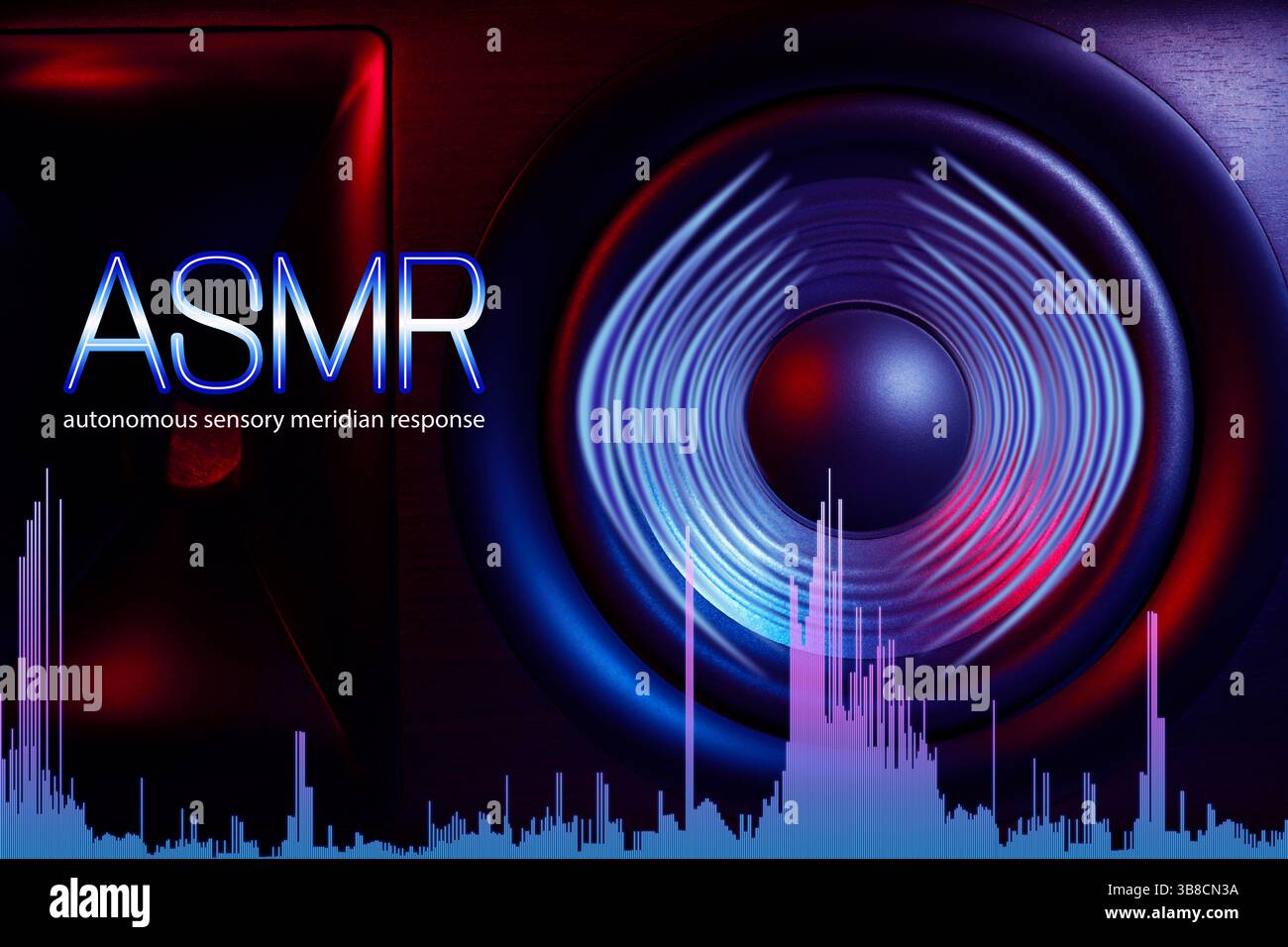 ASMR media (autonomous sensory meridian response). Speaker in neon lights and sound waves Stock ...