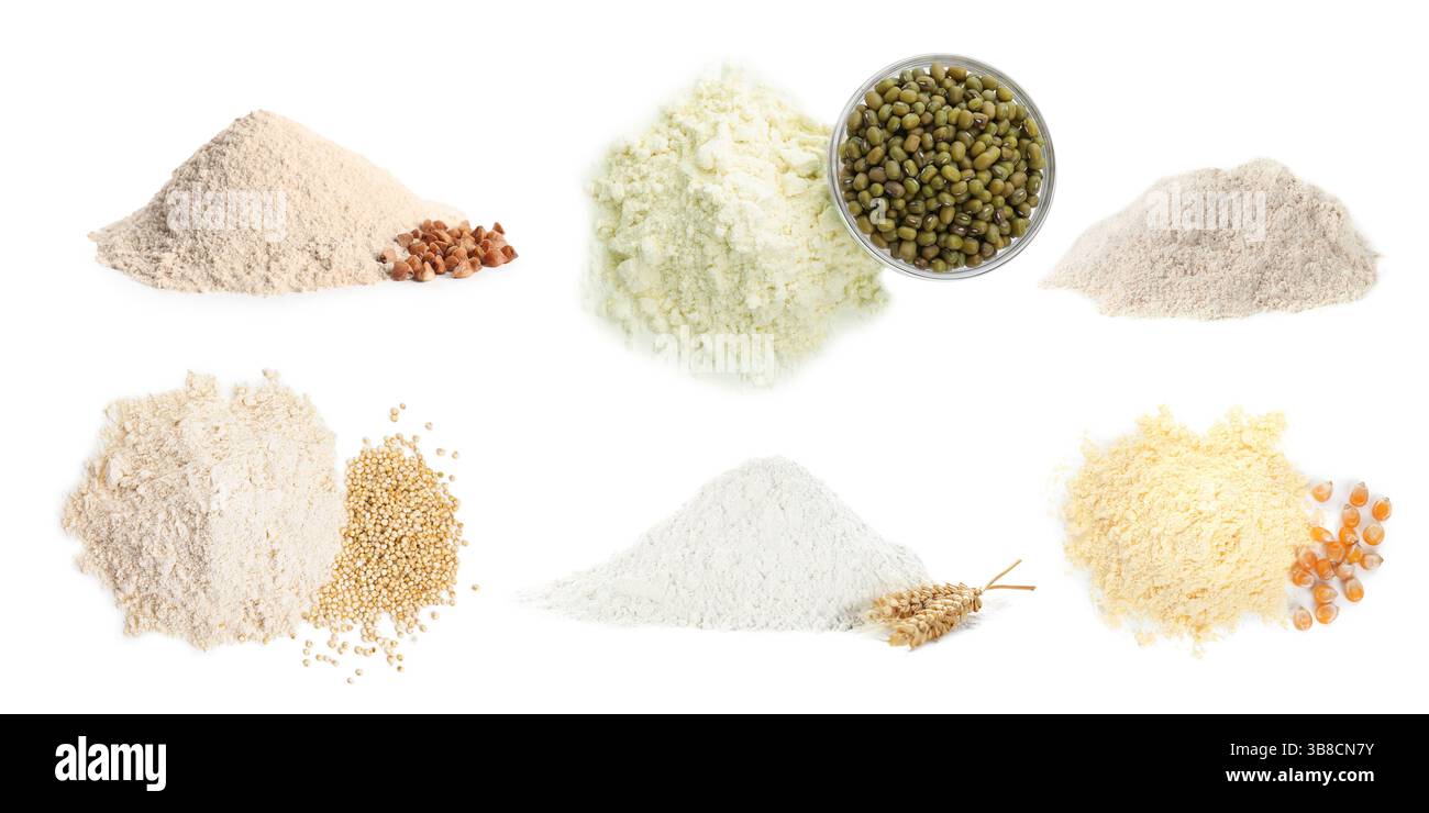 Different types of flour isolated on white, set Stock Photo - Alamy