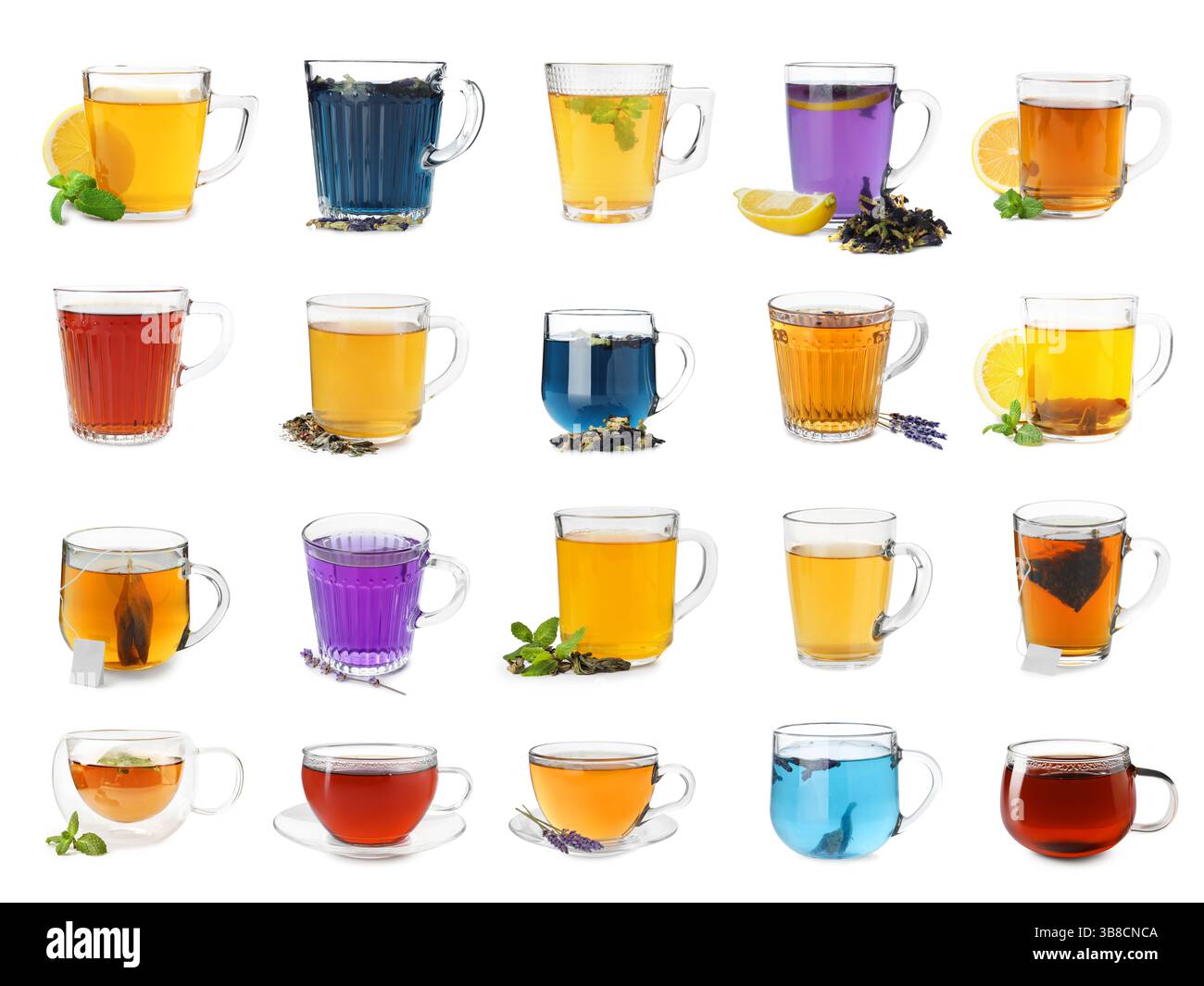 Different types of tea in glass cups isolated on white, set Stock Photo ...