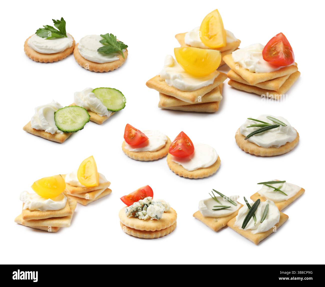 Delicious crackers with different toppings isolated on white, collage ...